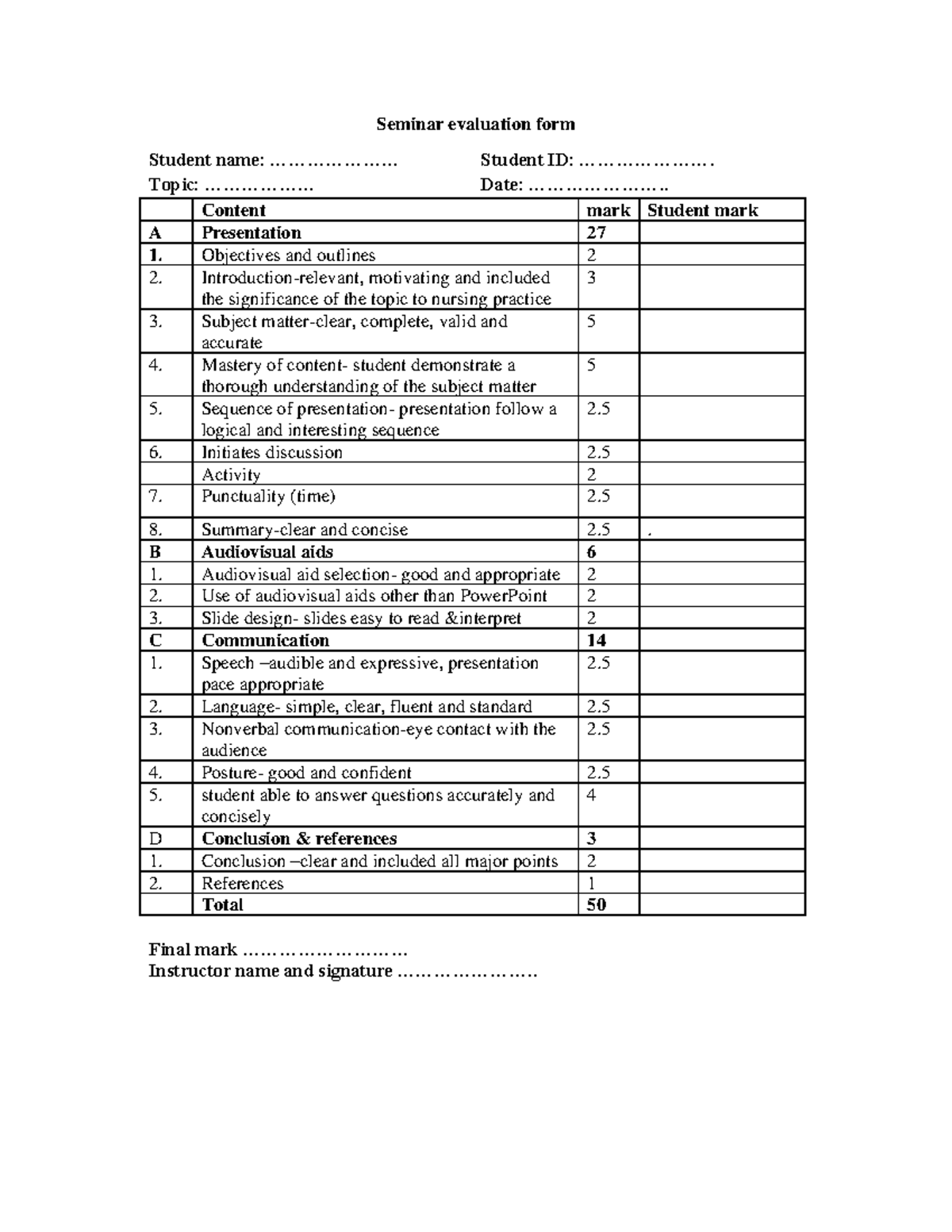 Seminar evaluation form (1) - Copy - Seminar evaluation form Student ...