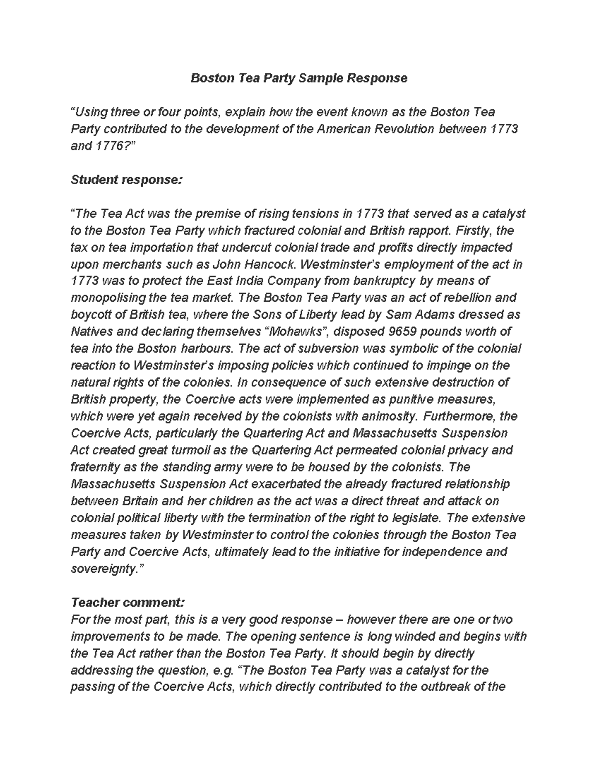 Boston Tea Party Sample Response - Boston Tea Party Sample Response ...
