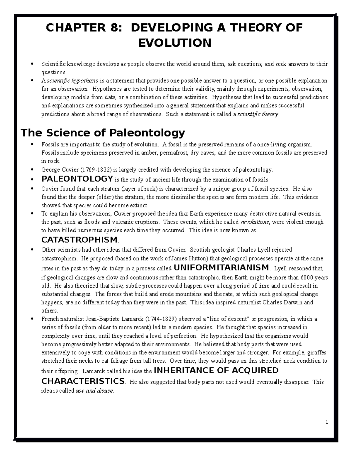 Chapter 8 notes - CHAPTER 8: DEVELOPING A THEORY OF EVOLUTION ...