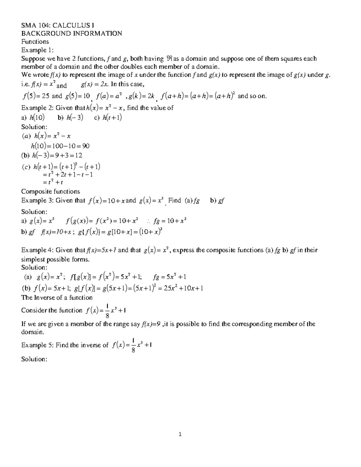 SMA 104 Calculus Notes - SMA 104: CALCULUS I BACKGROUND INFORMATION ...
