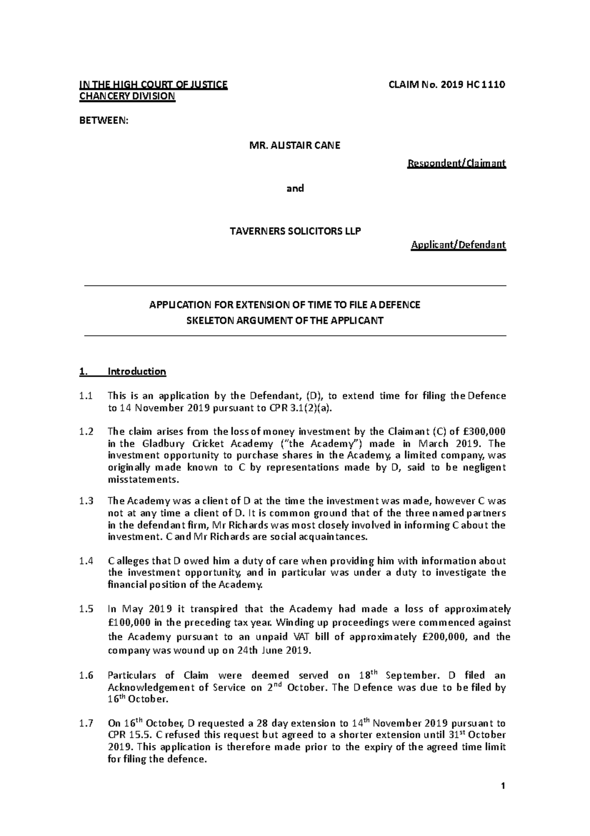Extension of Time to File a Defence (C) Skeleton - IN THE HIGH COURT OF ...