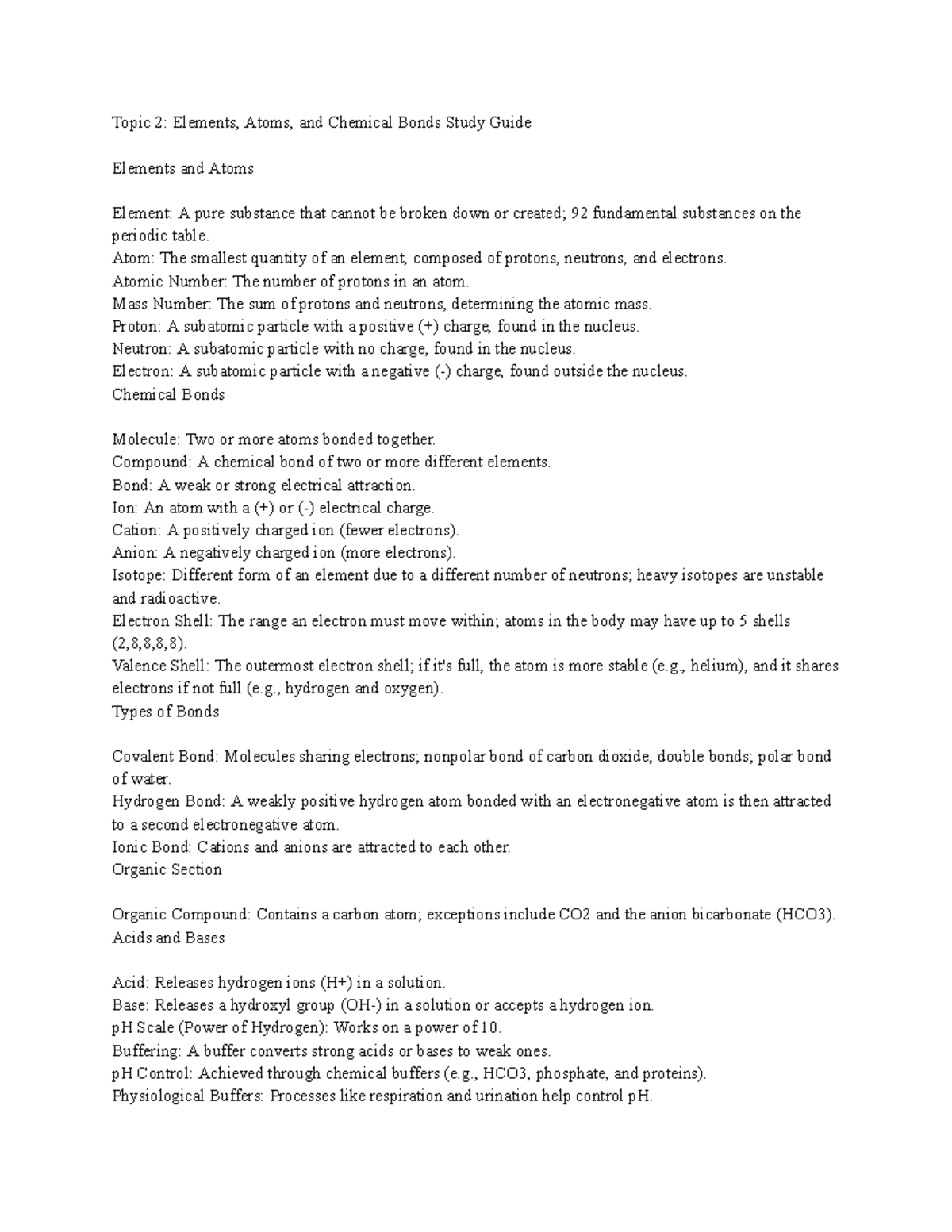 Topic 2 Elements, Atoms, and Chemical Bonds Study Guide - Atom: The ...