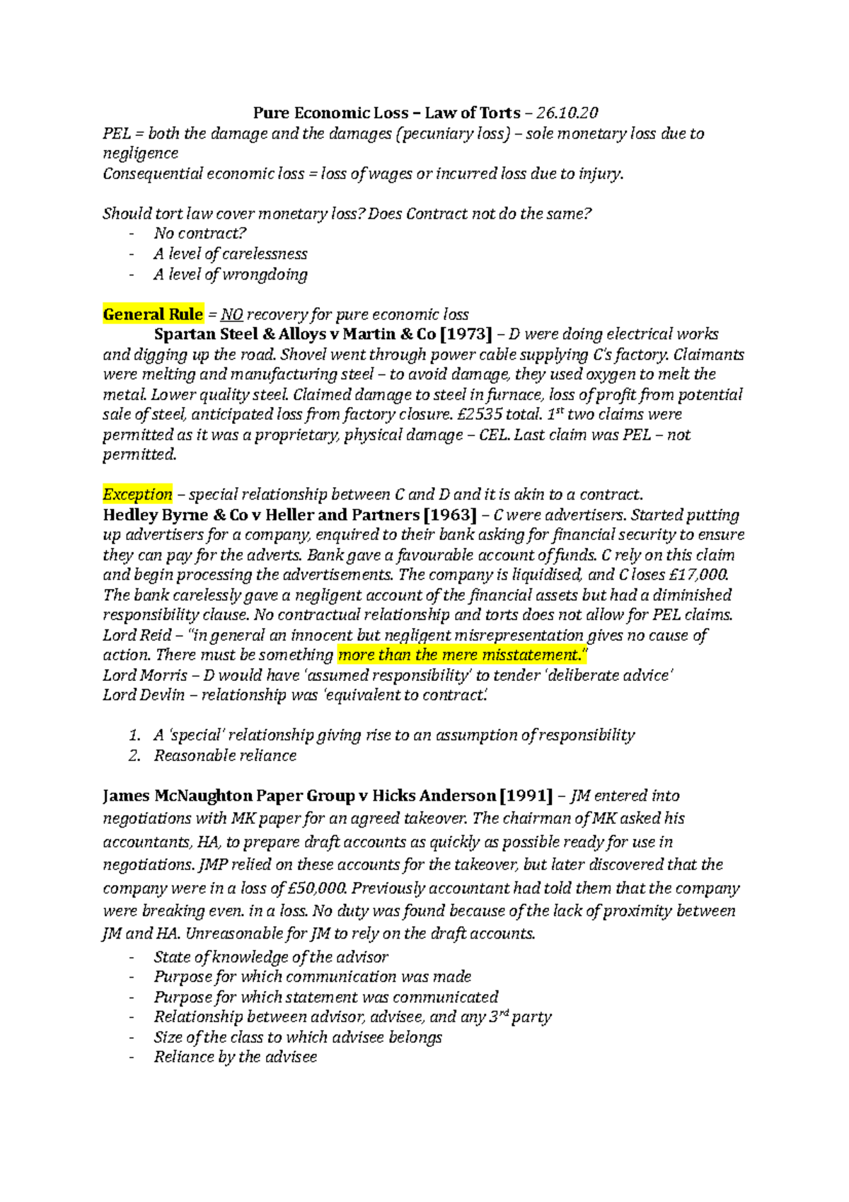 Pure Economic Loss - PEL = both the damage and the damages (pecuniary ...