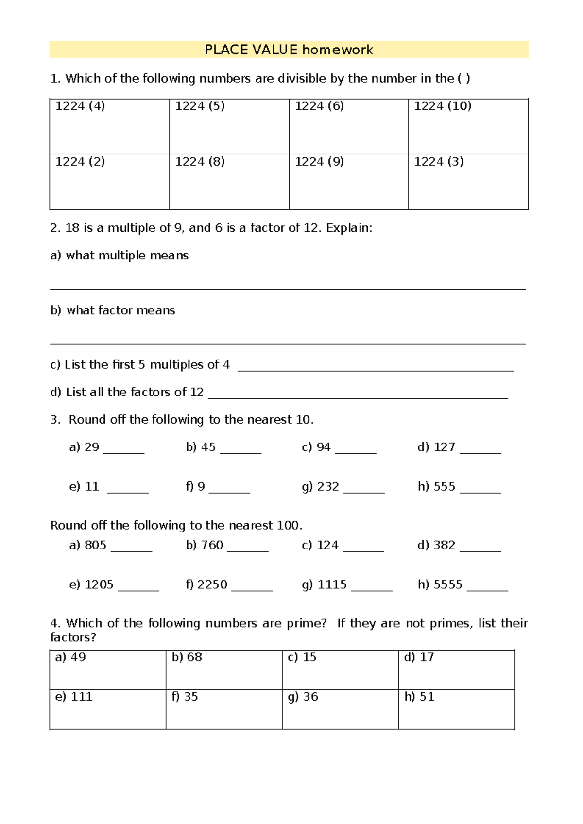Place Value Homework sheet - PLACE VALUE homework 1. Which of the ...