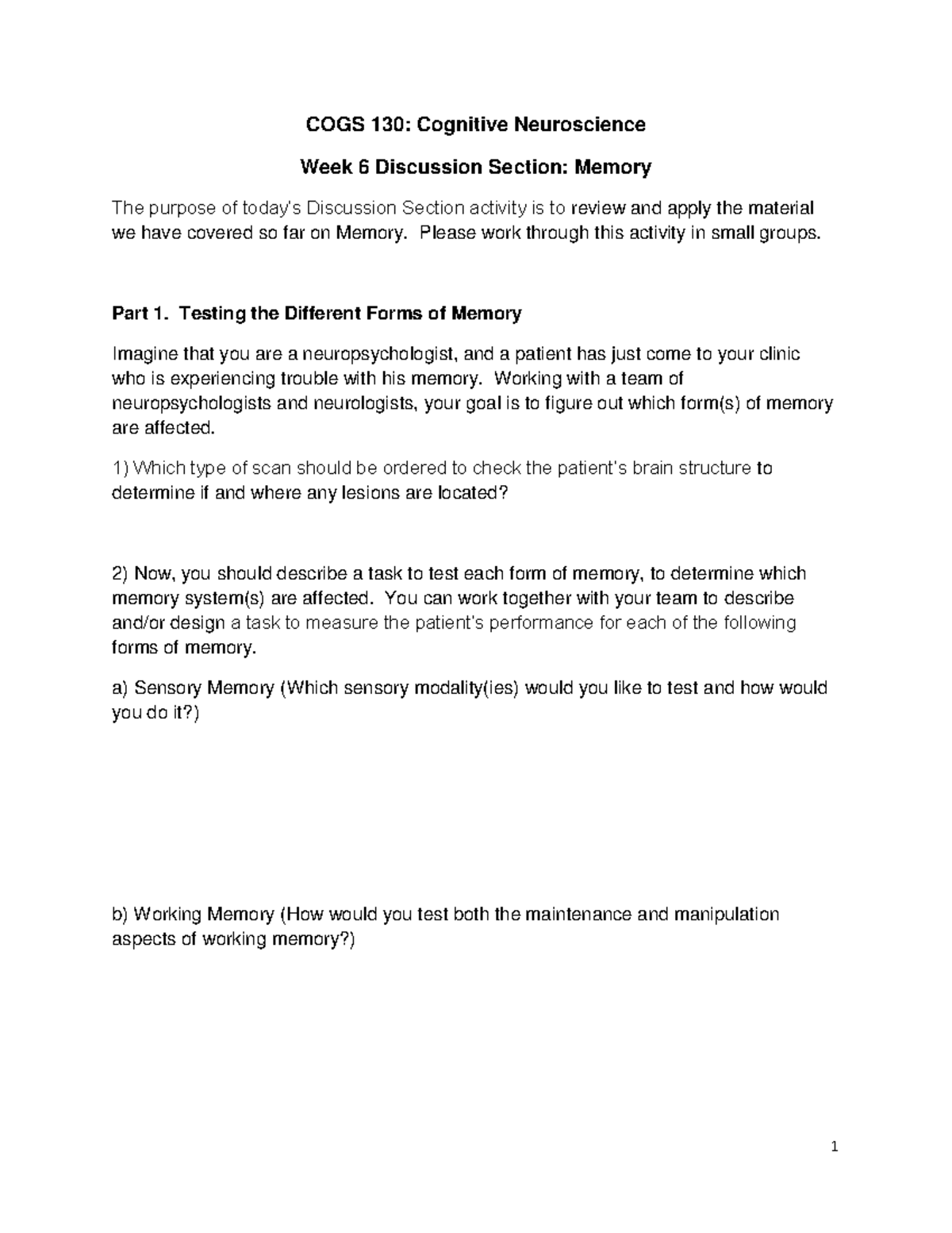 Week6 Memory Activity - Professor Kristina Backer - 1 COGS 130 ...