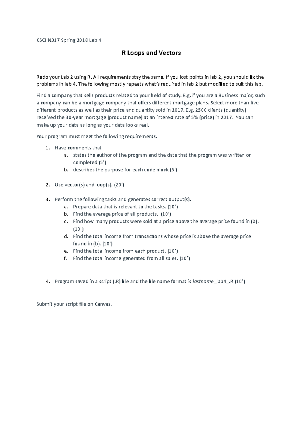 Lab4RLoops And Vectors - CSCI N317 Spring 2018 Lab 4 R Loops and ...