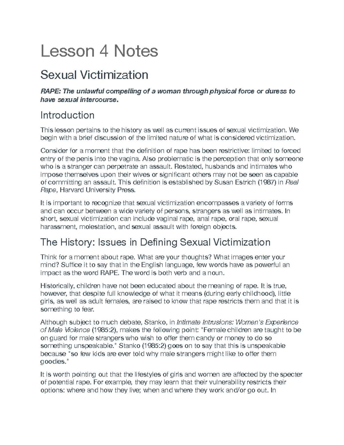 Lesson 4 Notes - Professor Bing - Lesson 4 Notes Sexual Victimization ...