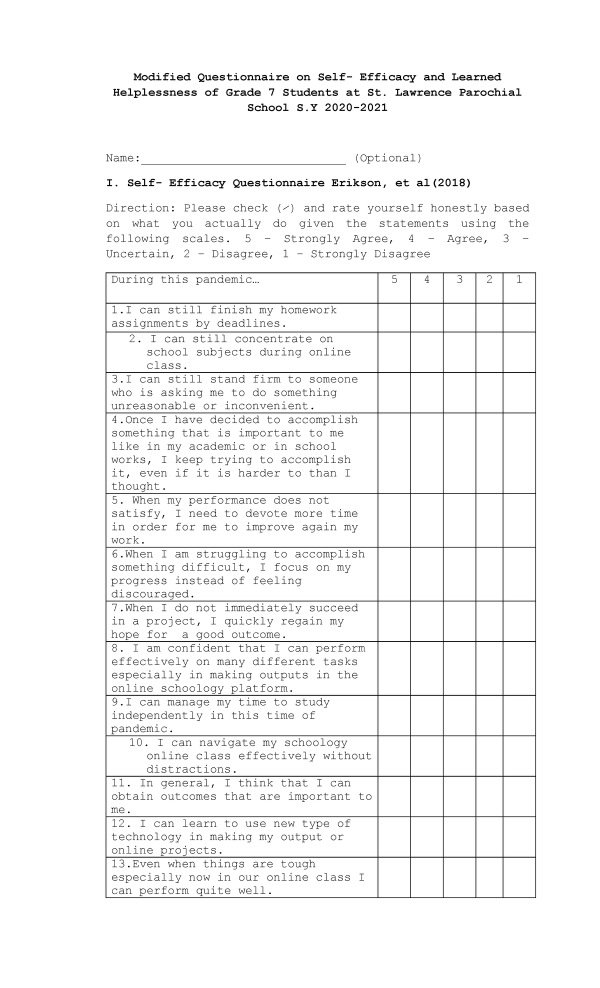 Modified- Questionnaires - Lawrence Parochial School S 2020- Name