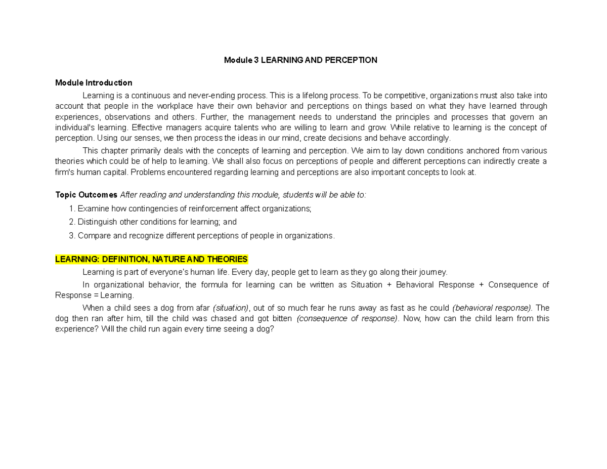 Module 3: Learning AND Perception - BSBA Marketing Management - BatStateU - Studocu