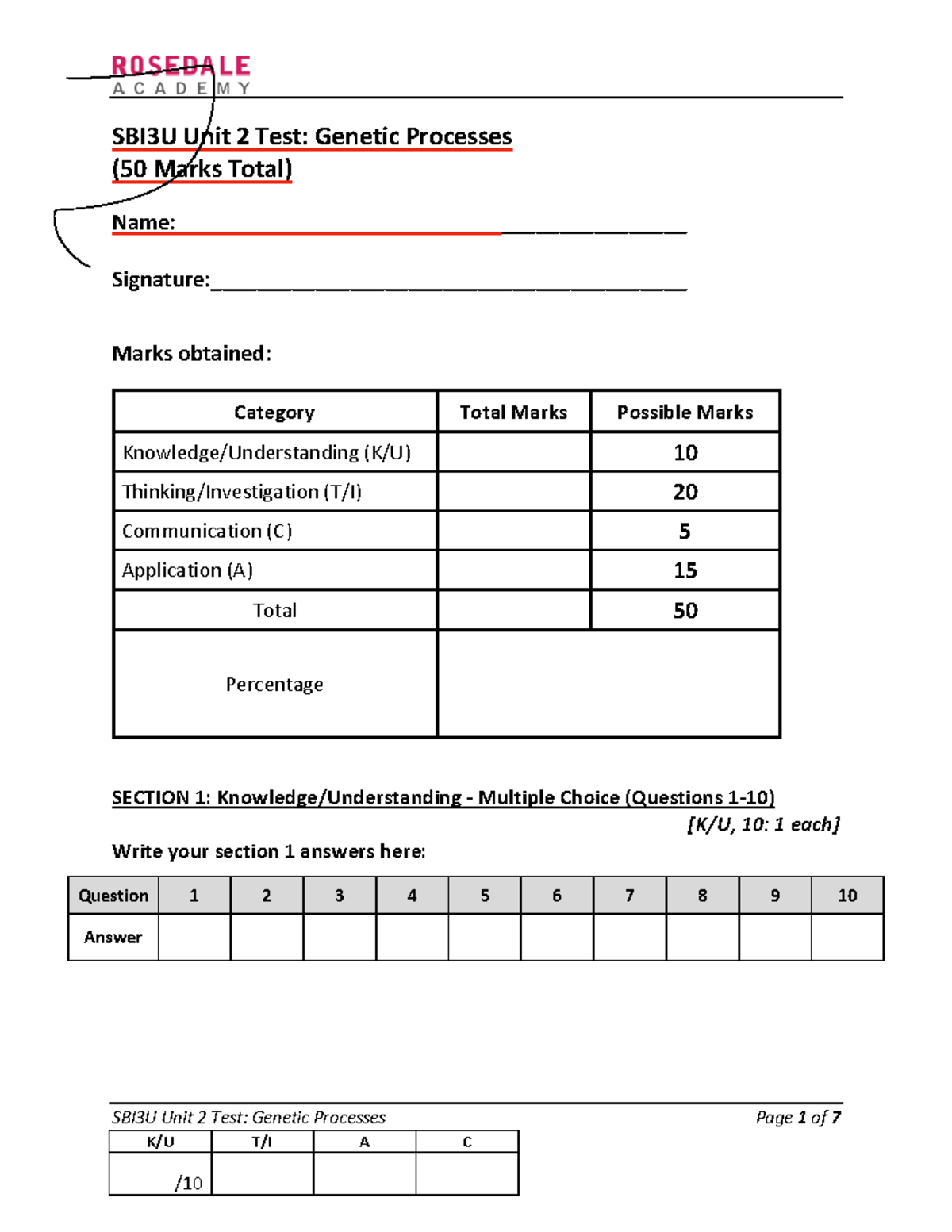 SBI3U Unit 2 Test (student version) - SBI3U Unit 2 Test: Genetic ...