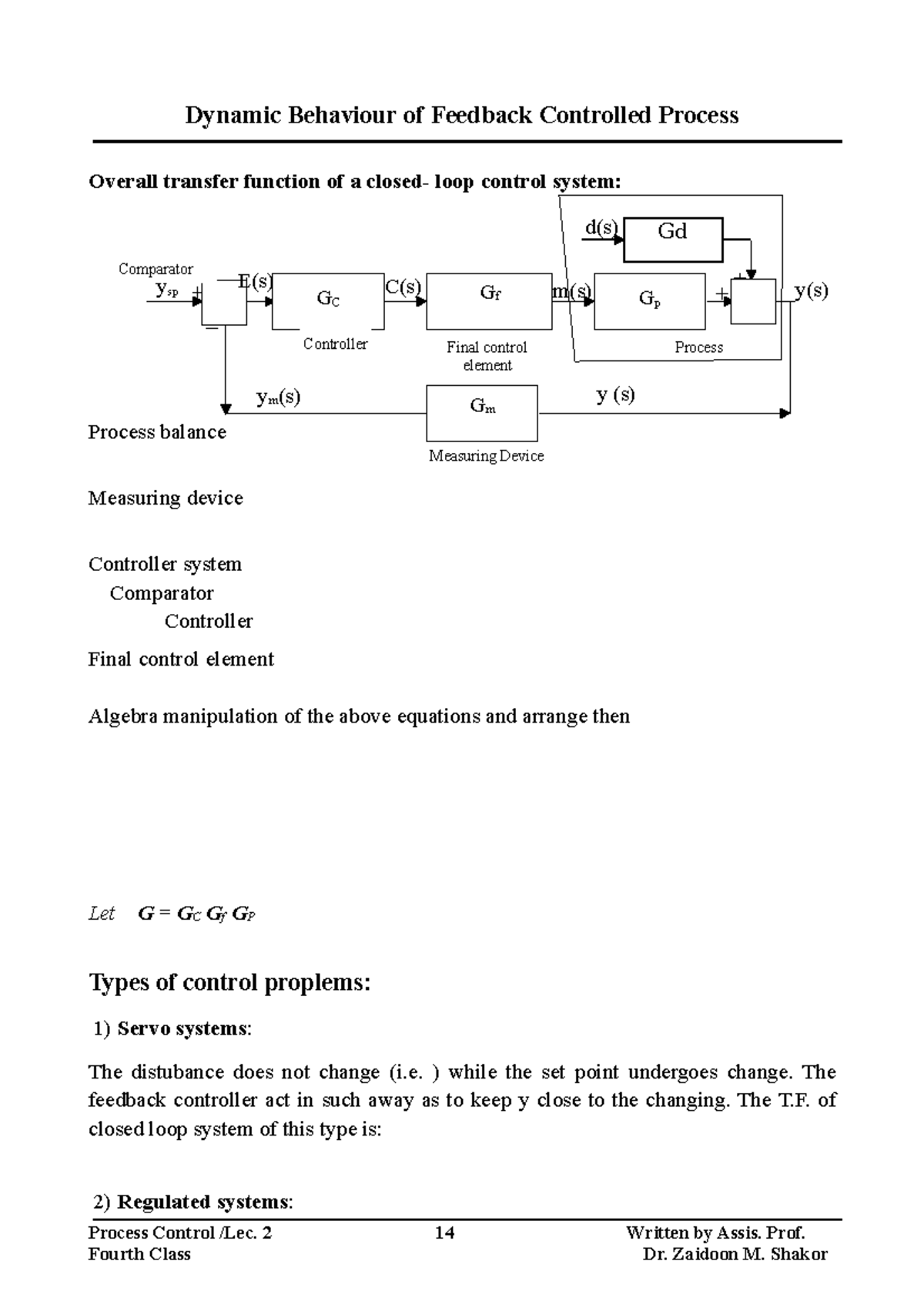 Lect 2 Dynamic Behaviour of Feedback controller Process - Gd Dynamic ...