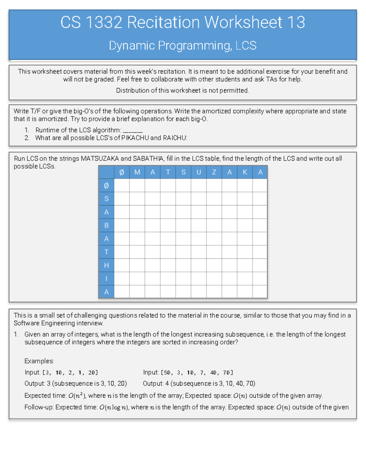 Worksheet 13 - CS 1332 Recitation Worksheet 13 Dynamic Programming, LCS ...