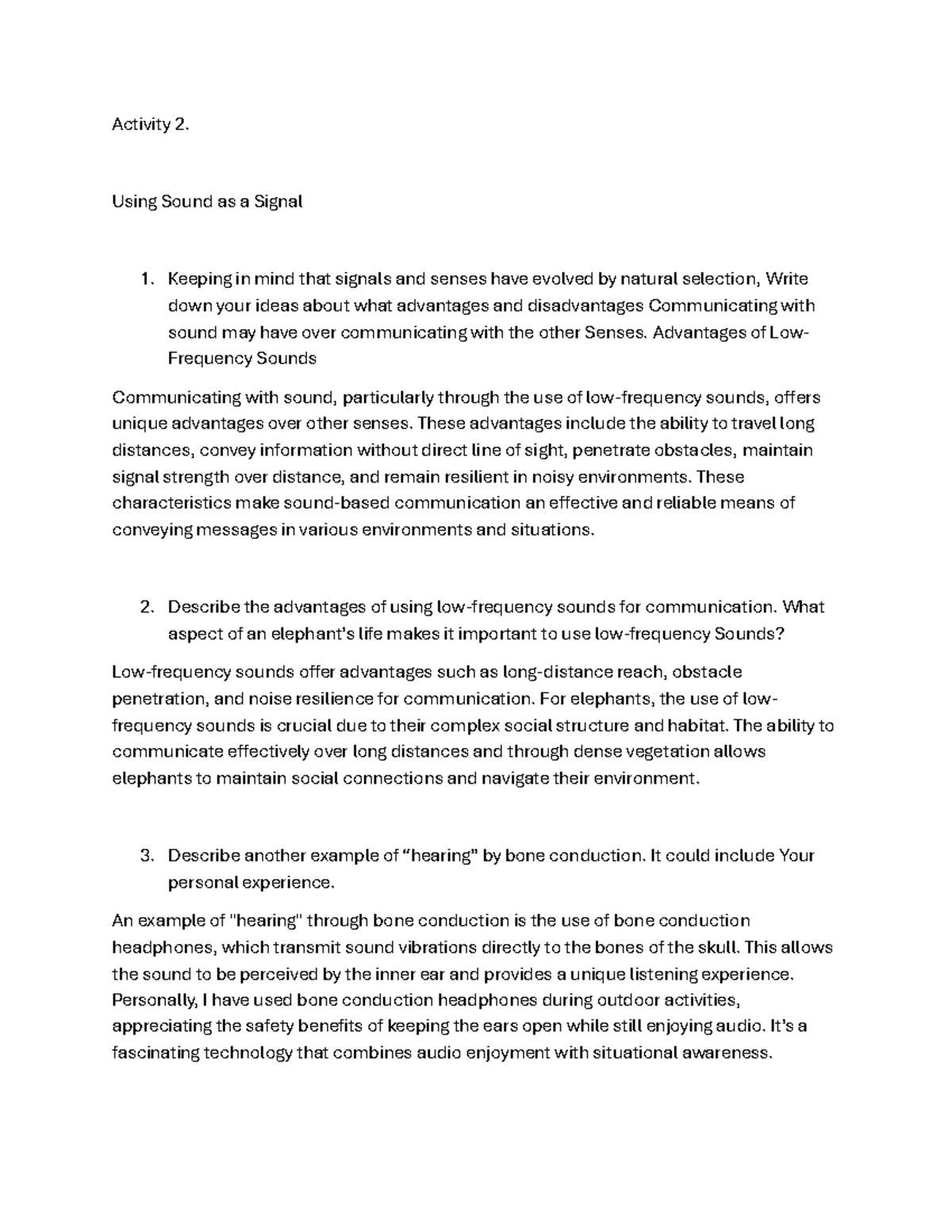 Science - Activity 2. Using Sound as a Signal 1. Keeping in mind that ...