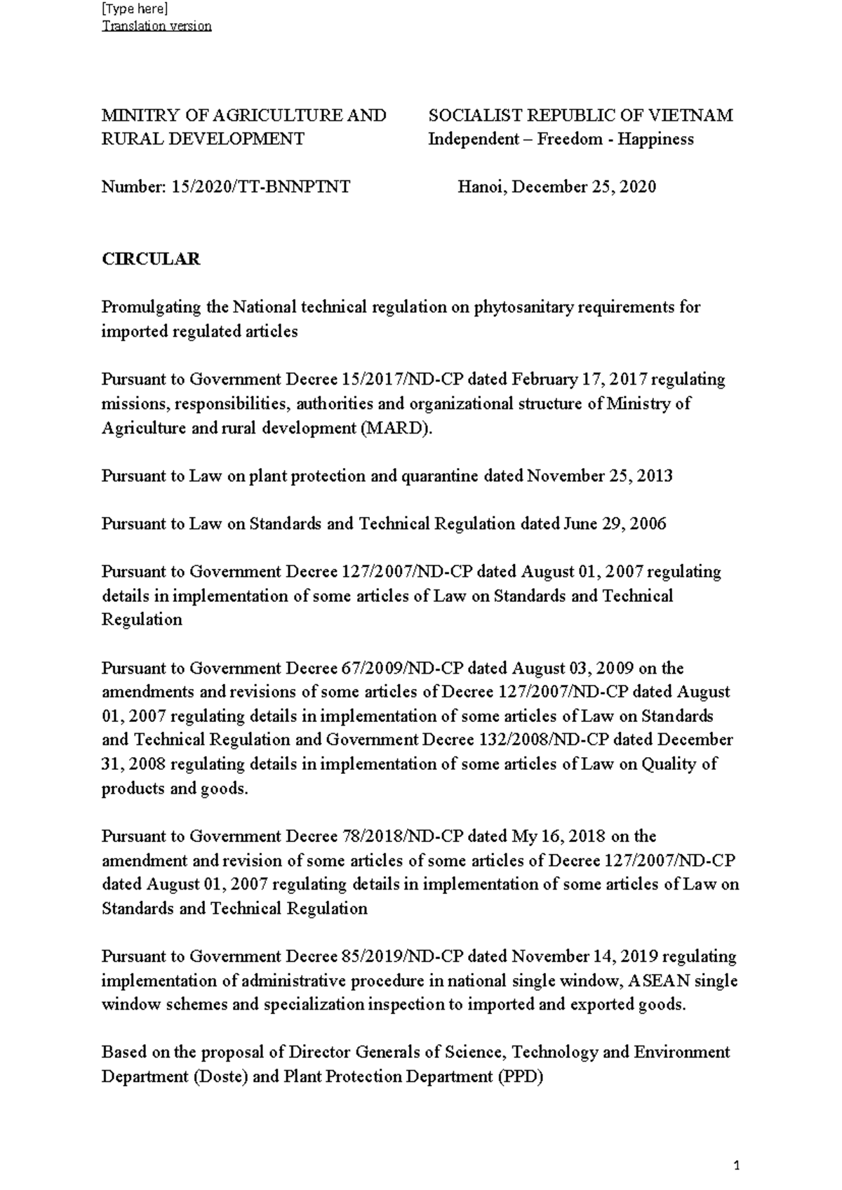 Translation NTR 01-192 on phytosanitary requirements for imported ...