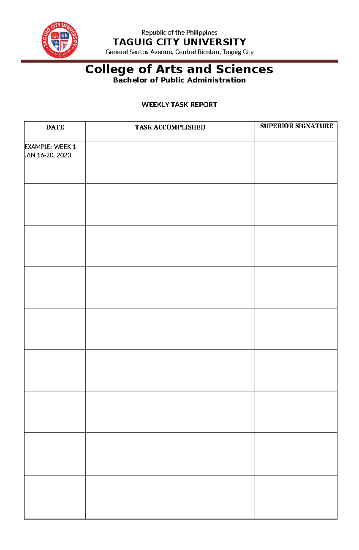 sample of Weekly-TASK- Report - Bachelor of Science in Office ...