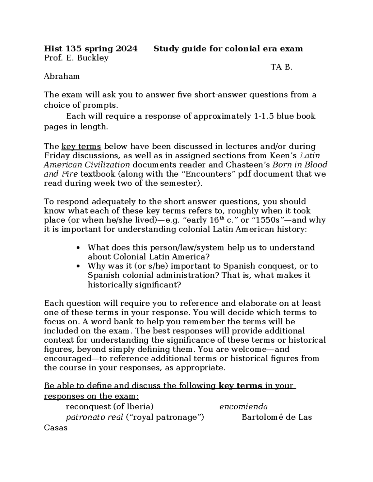 Hist 135 sp2024 colonial study guide - Hist 135 spring 2024 Study guide ...