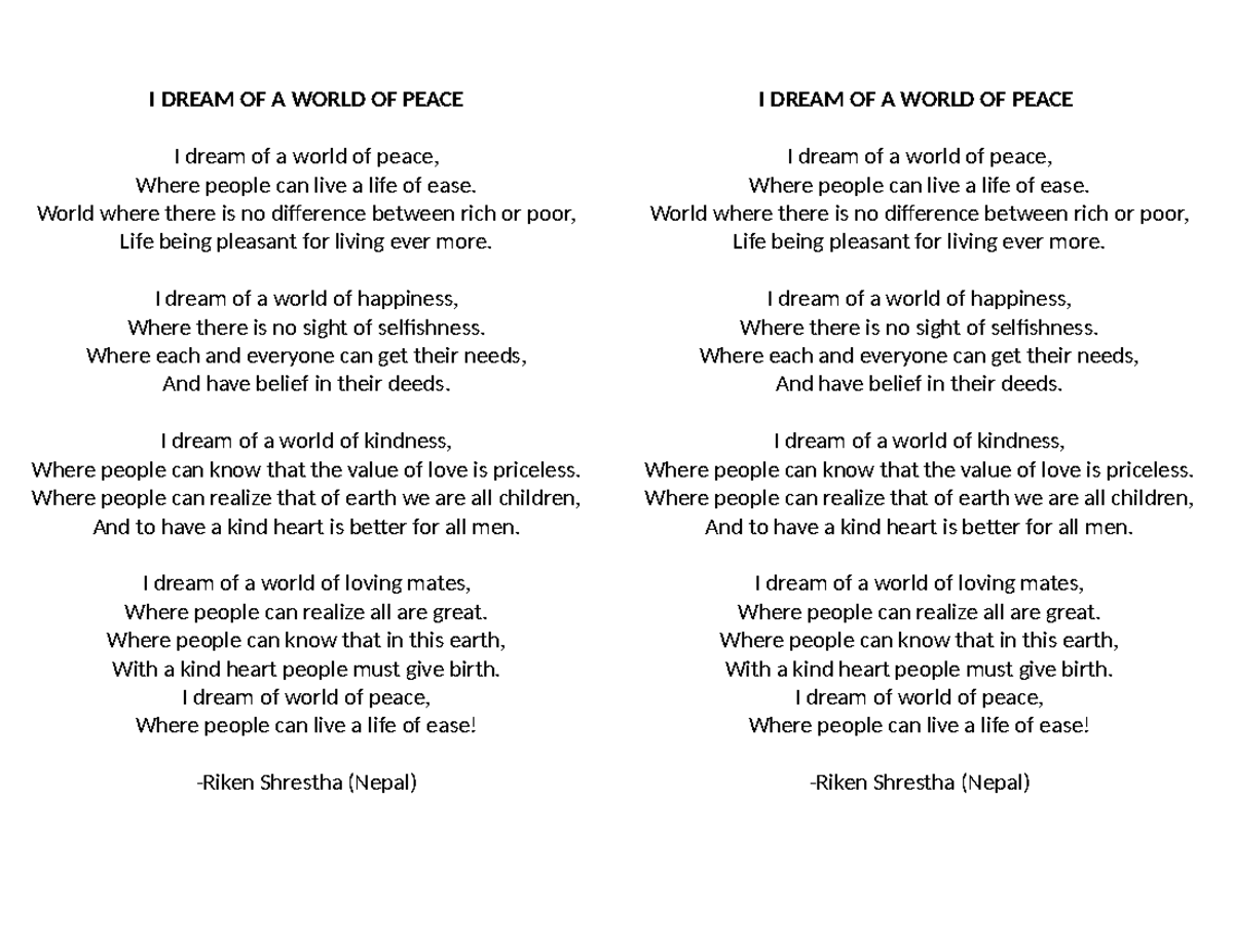 I Dream OF A World OF PEACE - I DREAM OF A WORLD OF PEACE I dream of a ...