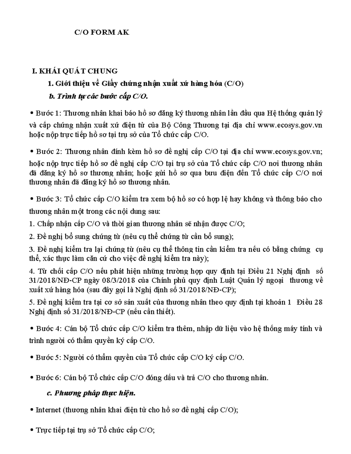 CO FORM AK - bài tập - C/O FORM AK I. KHÁI QUÁT CHUNG Giới thiệu về ...
