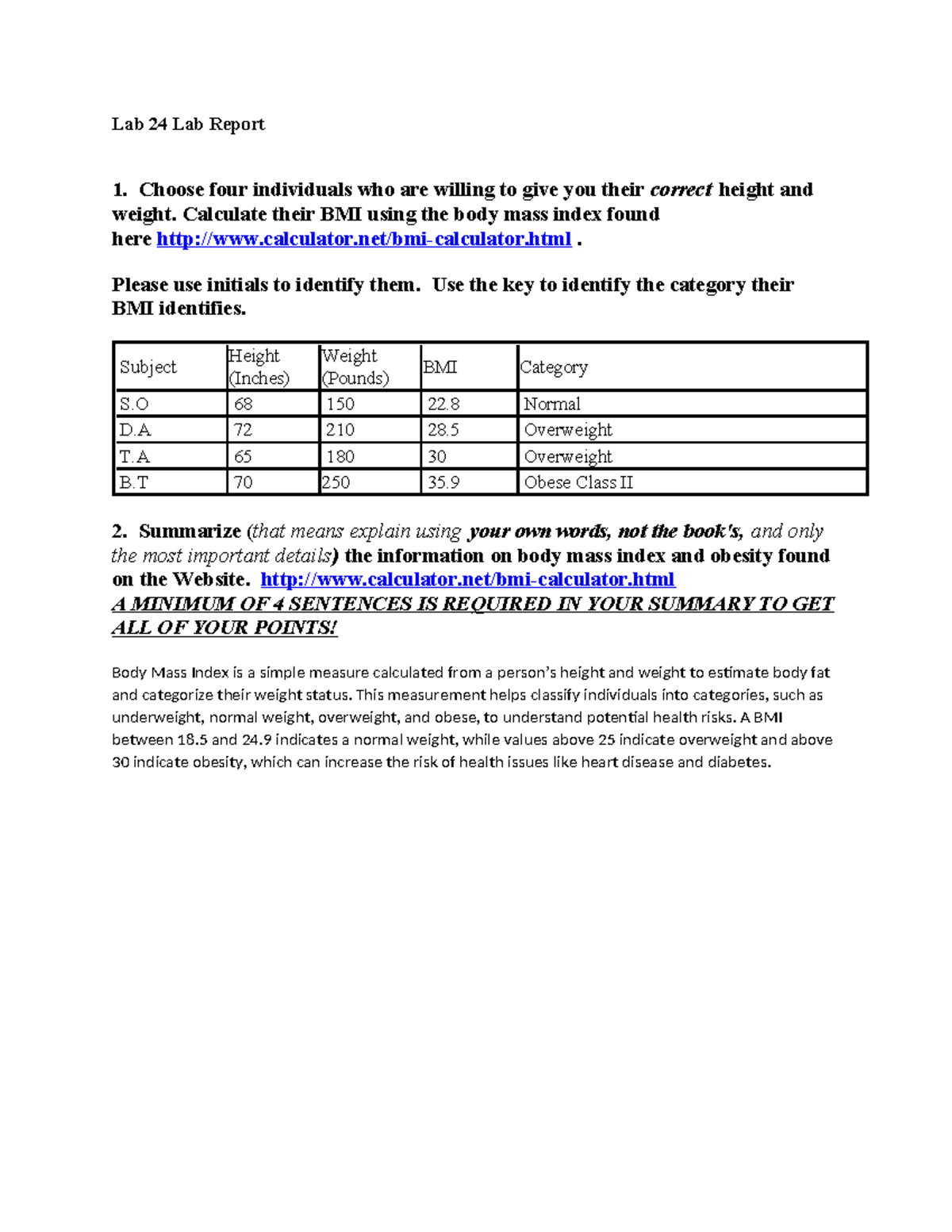 Lab 24 - Hematology - Lab 24 Lab Report 1. Choose four individuals who ...