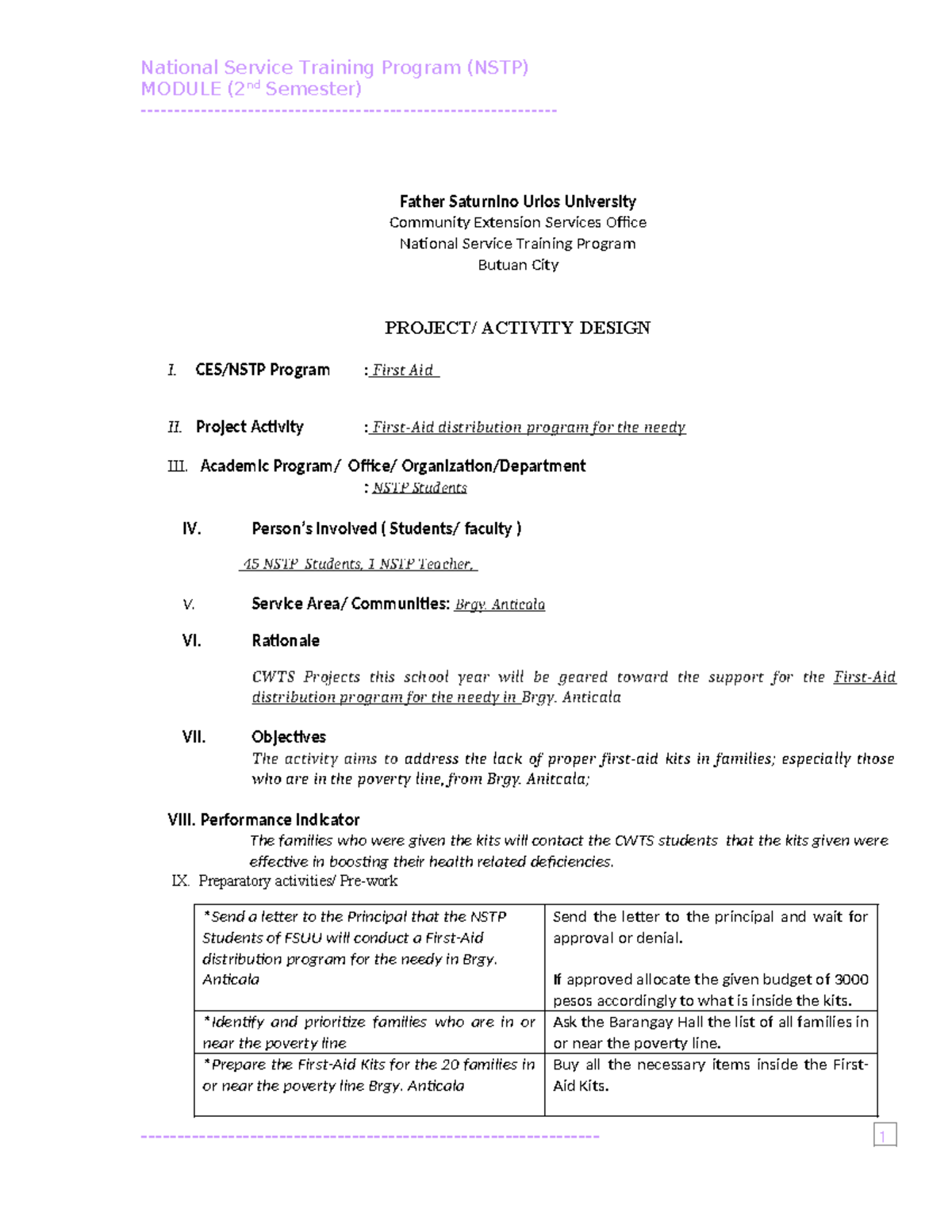 First-Aid Kit Activity PLAN Group for NSTP 2 - National Service ...