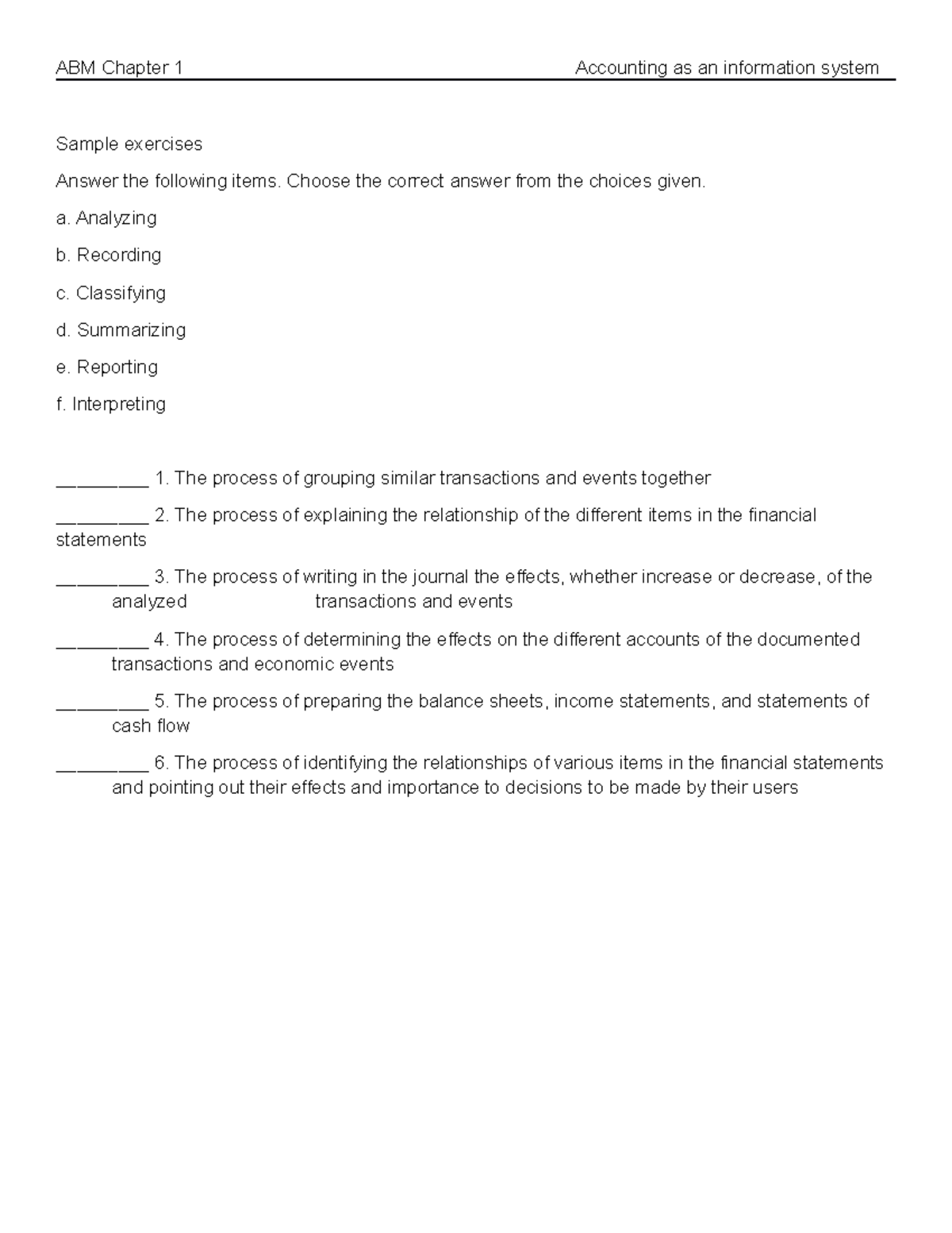 ABM Chapter 1 Accounting as an information system - Choose the correct ...