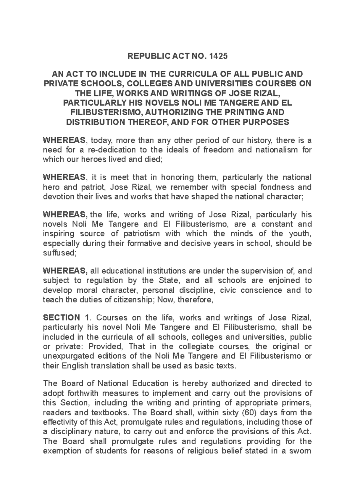 RA 1425 - about rizal's bill - REPUBLIC ACT NO. 1425 AN ACT TO INCLUDE ...