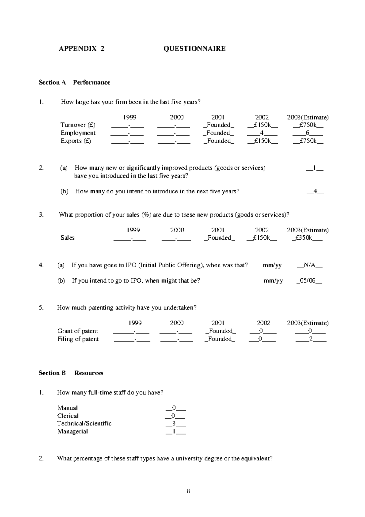 HIGH Technology FIRM Innovation 41 - ii APPENDIX 2 QUESTIONNAIRE ...