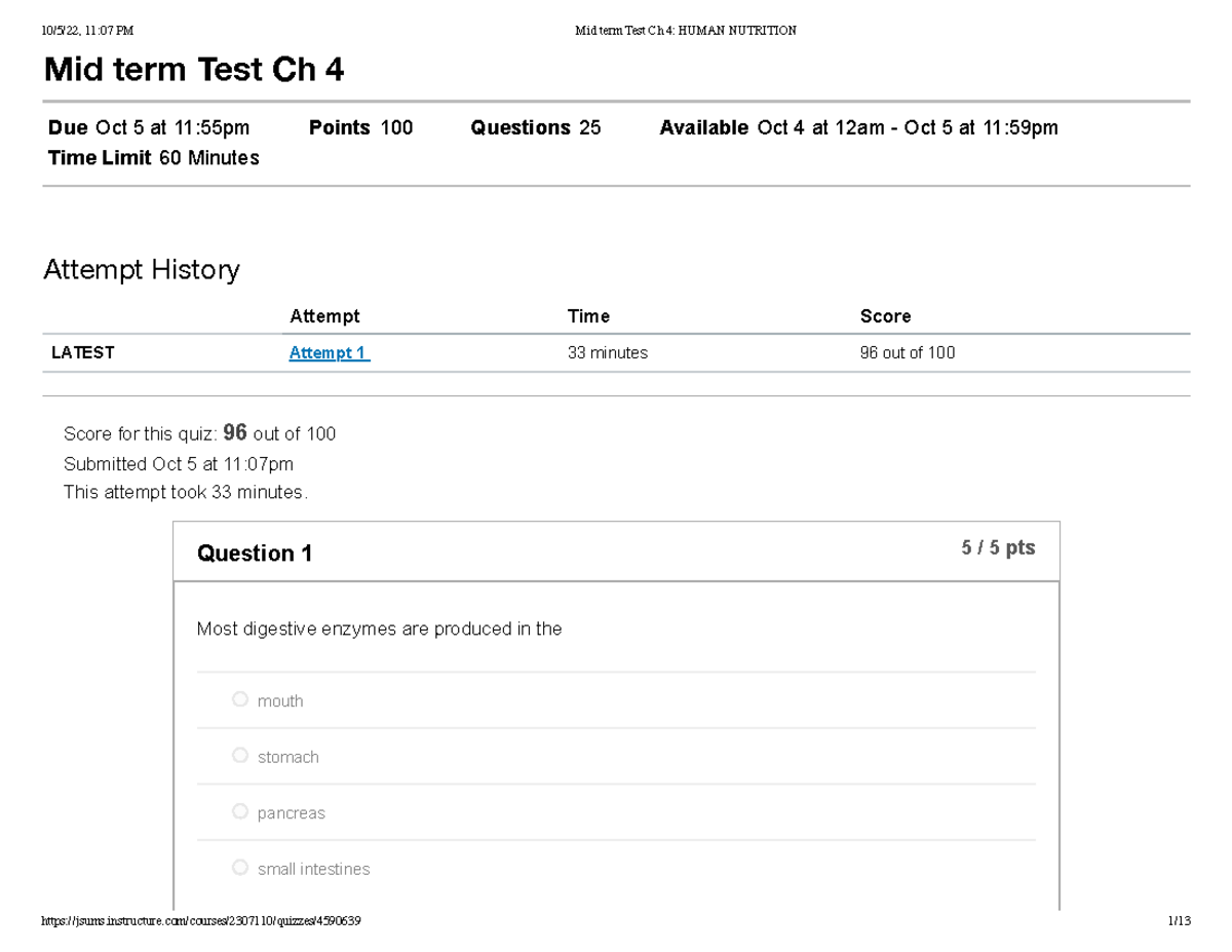 Mid term Test Ch 4 Human Nutrition - Mid term Test Ch 4 Due Oct 5 at 11 ...