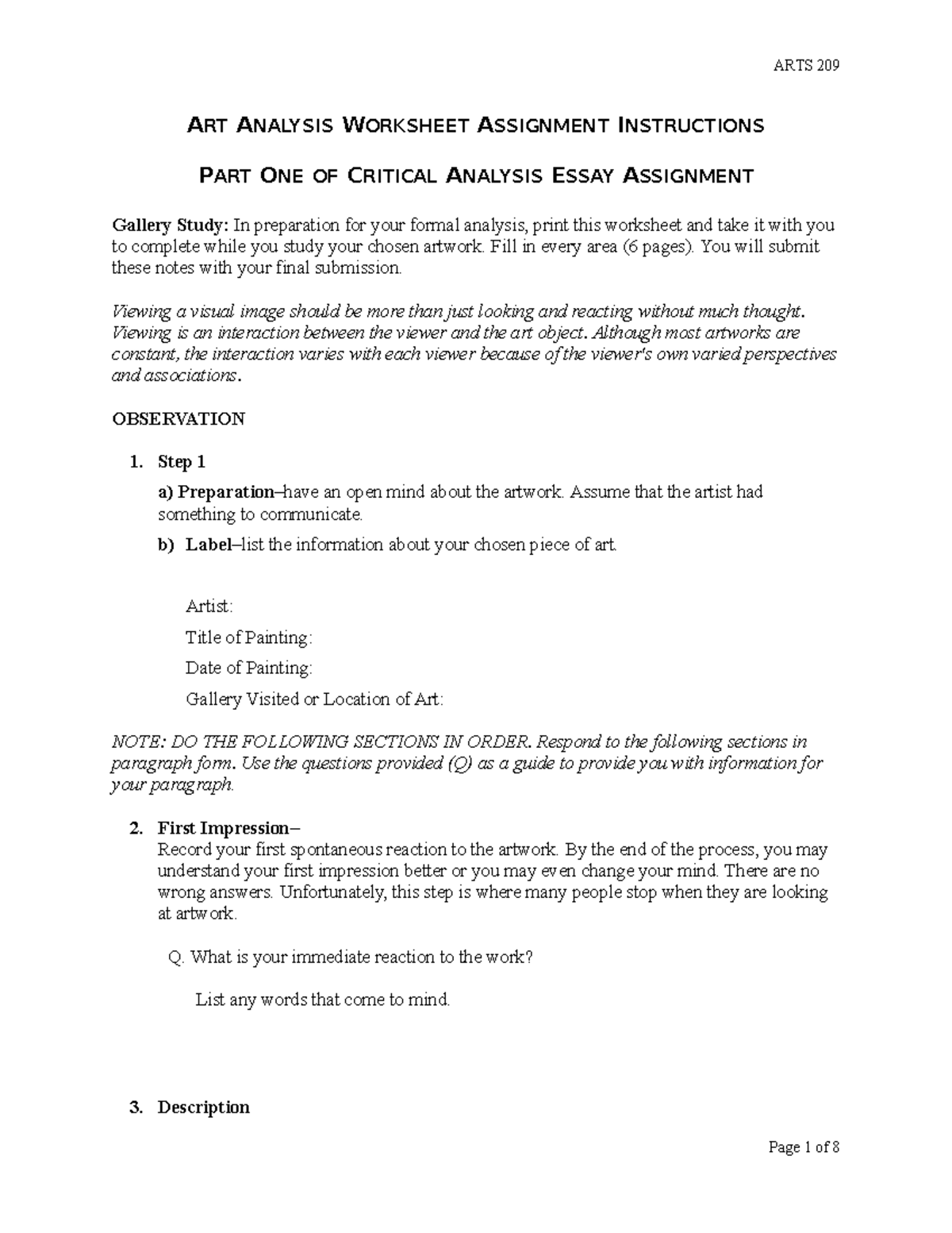 Art Analysis Worksheet Assignment Instructions - ART ANALYSIS WORKSHEET ...