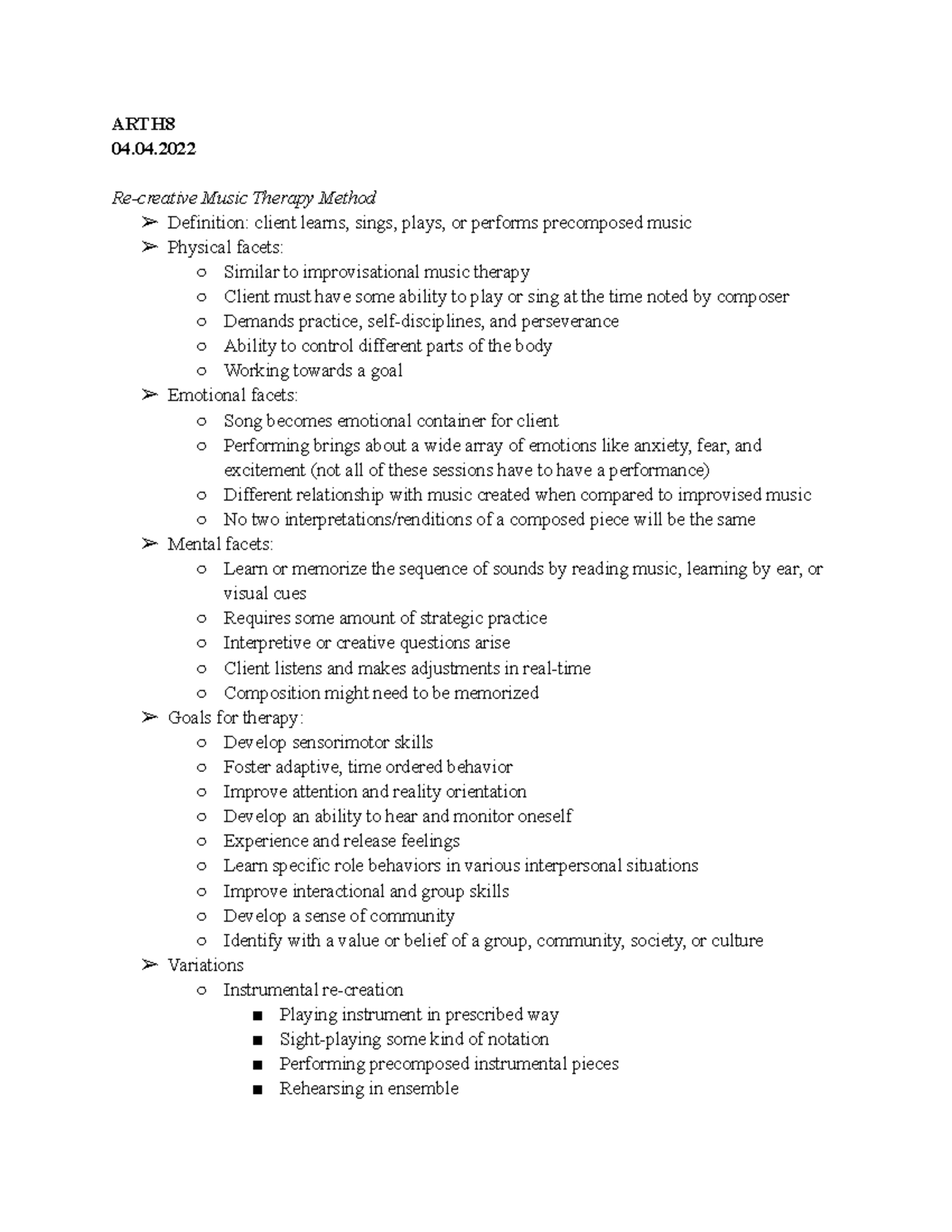 04.04.2022 Notes - ARTH 04. Re-creative Music Therapy Method Definition ...