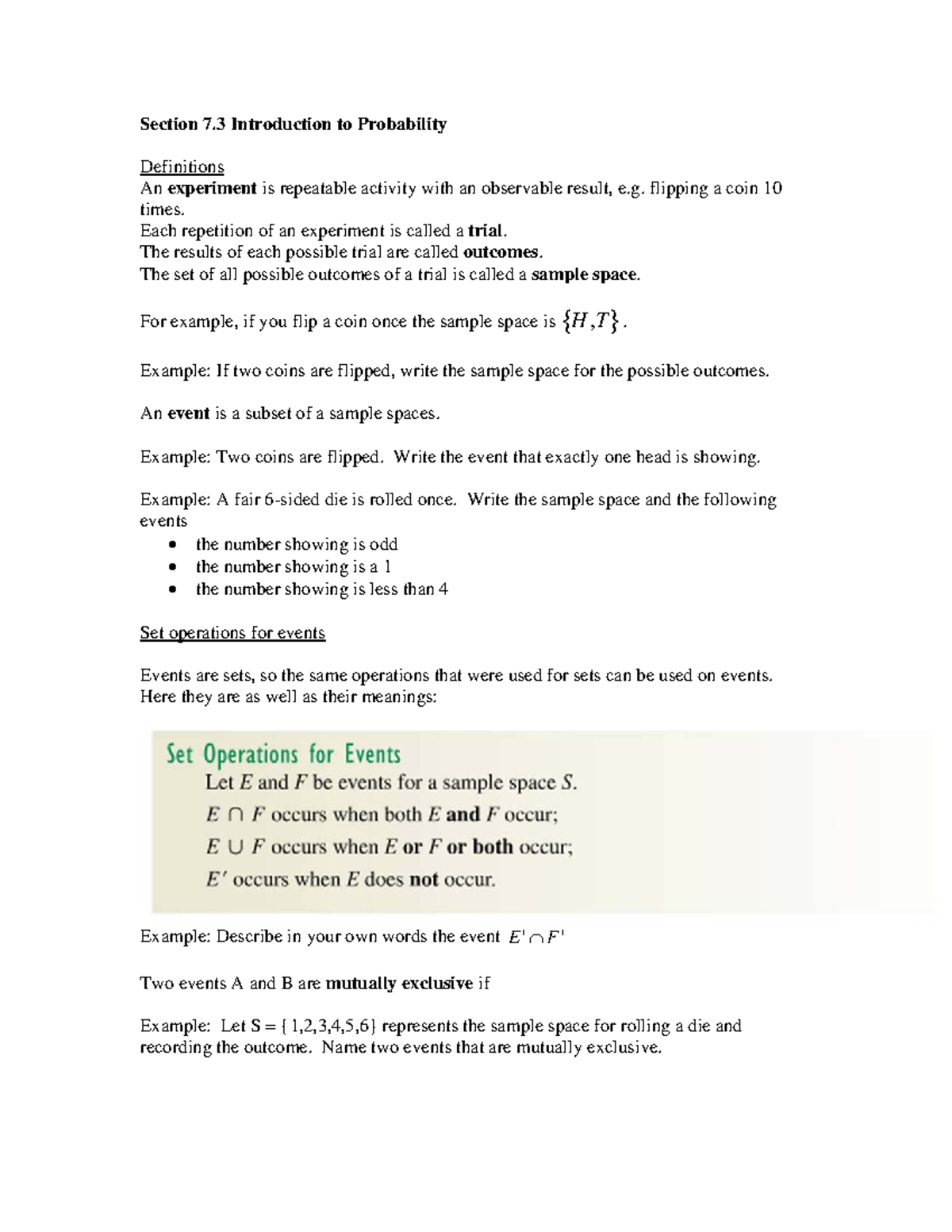 7.3 Intro to Probability In class worksheet - Section 7 Introduction to ...