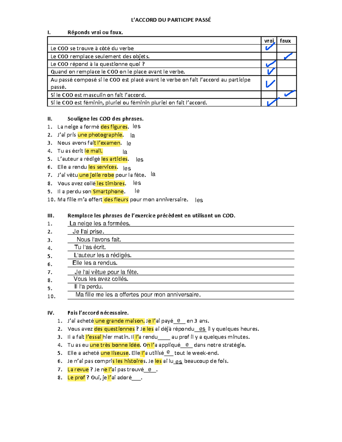 COD accordaa - L’ACCORD DU PARTICIPE PASSÉ I. Réponds vrai ou faux ...