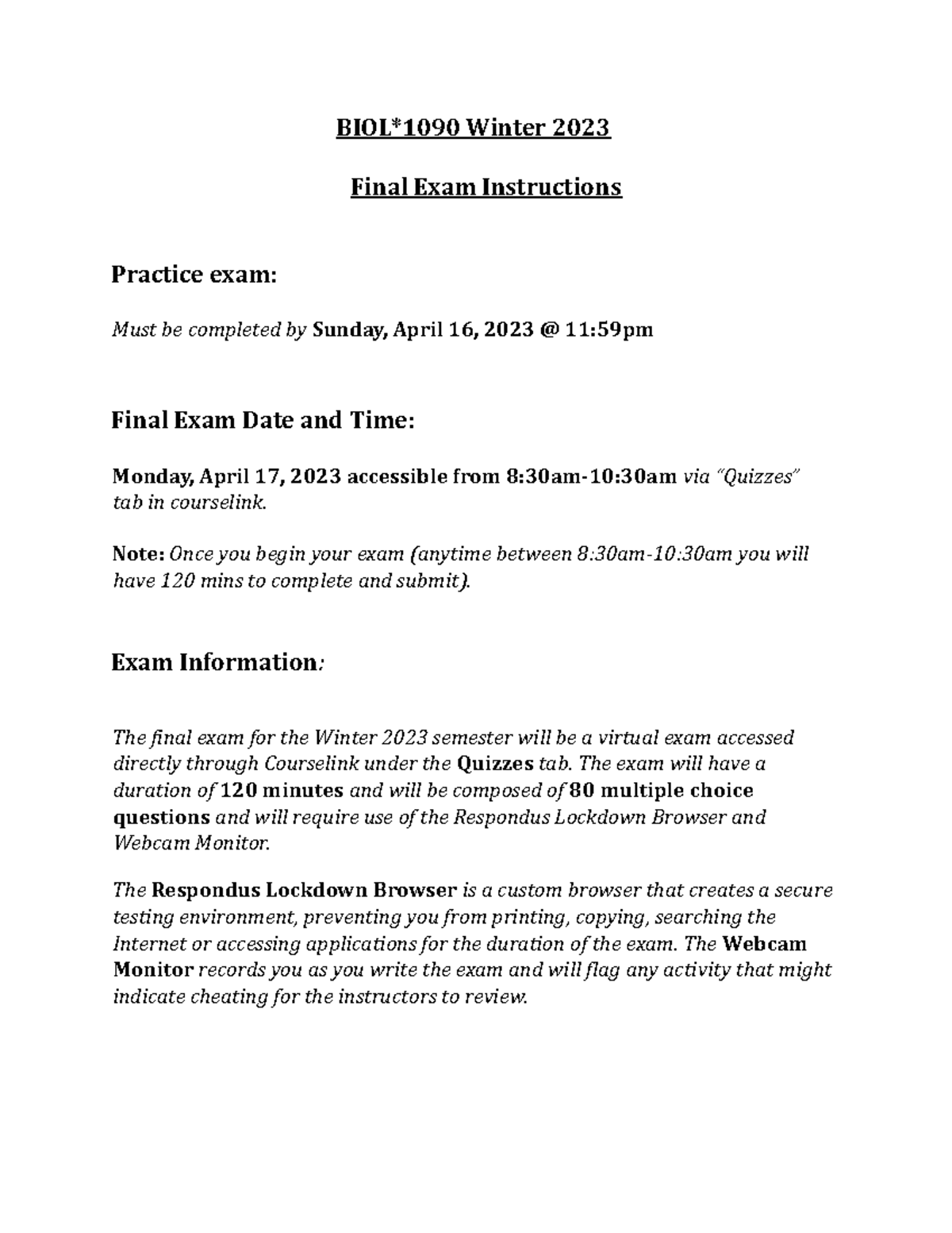 BIOL 1090 (W23) Final Exam Instructions - BIOL*1090 Winter 2023 Final Exam Instructions Practice ...