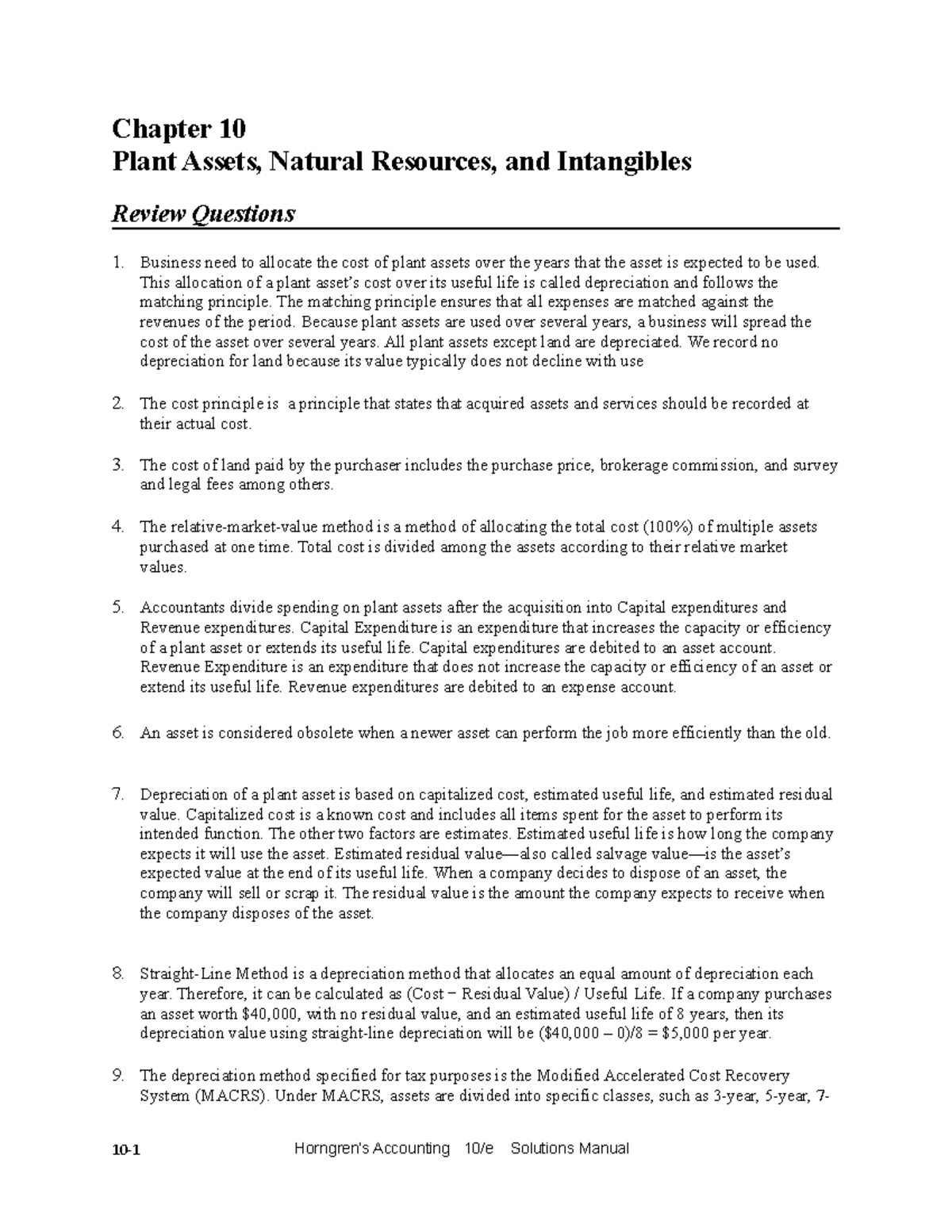 Ch 10 solutions - Chapter 10 Plant Assets, Natural Resources, and Intangibles Review Questions 1 ...