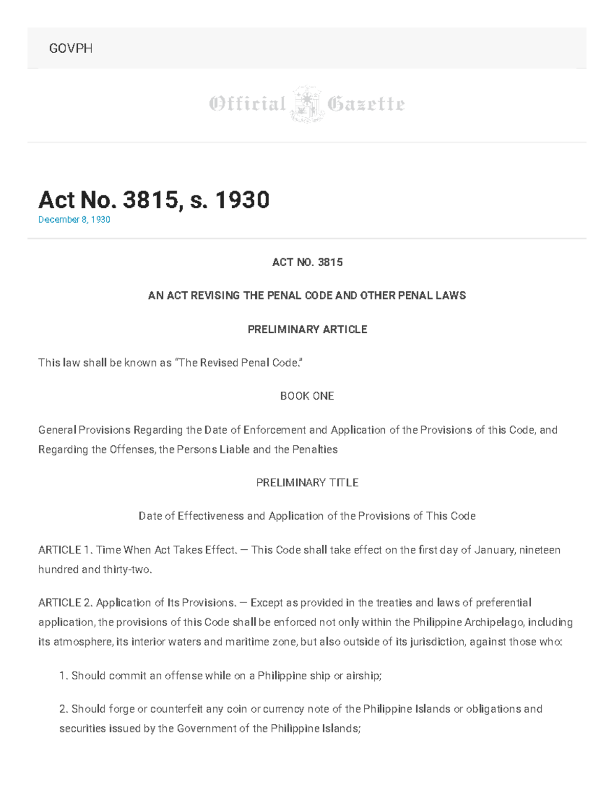 RA-No - Felonies - GOVPH Act No. 3815, s. 1930 December 8, 1930 ACT NO ...