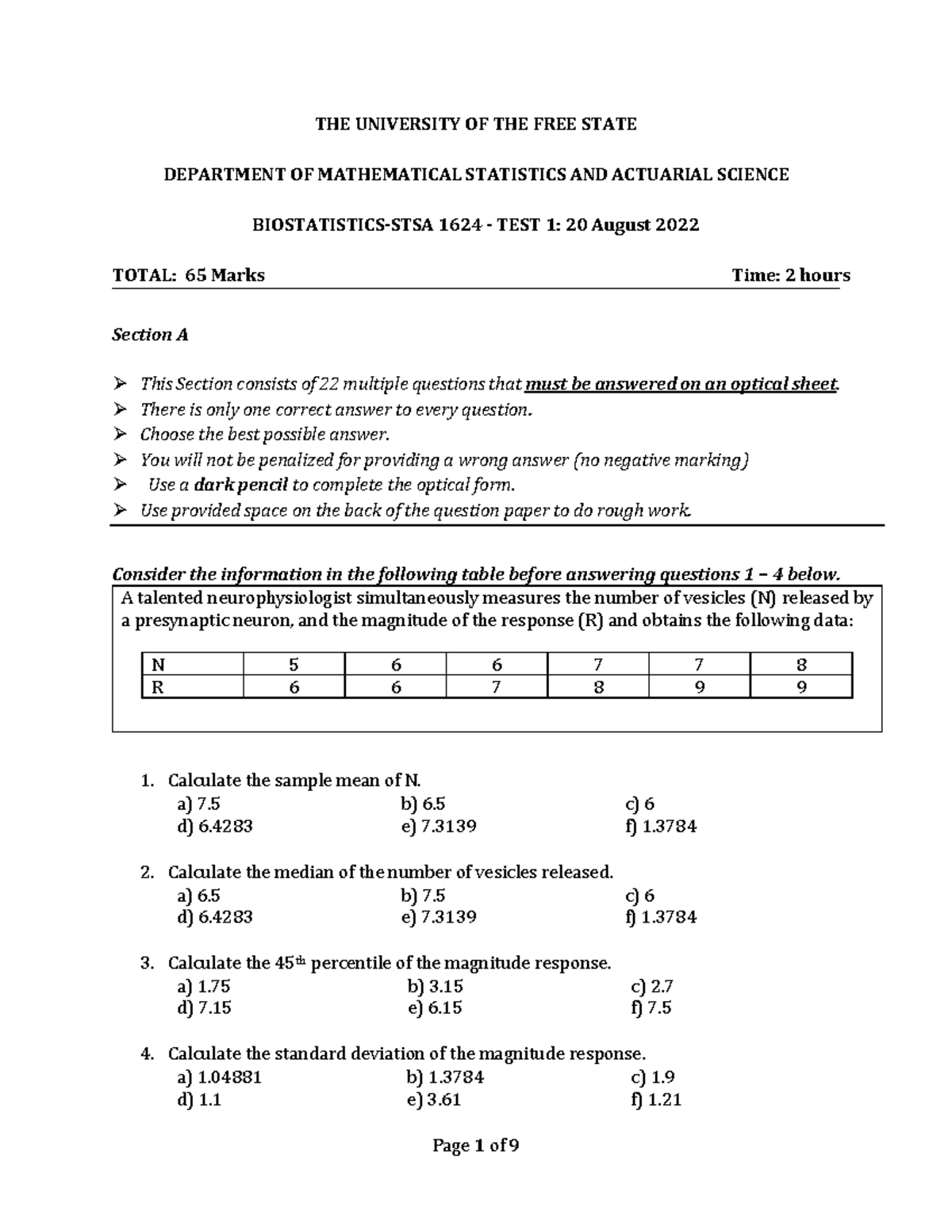 Test 1 - introduction to statistis - THE UNIVERSITY OF THE FREE STATE ...