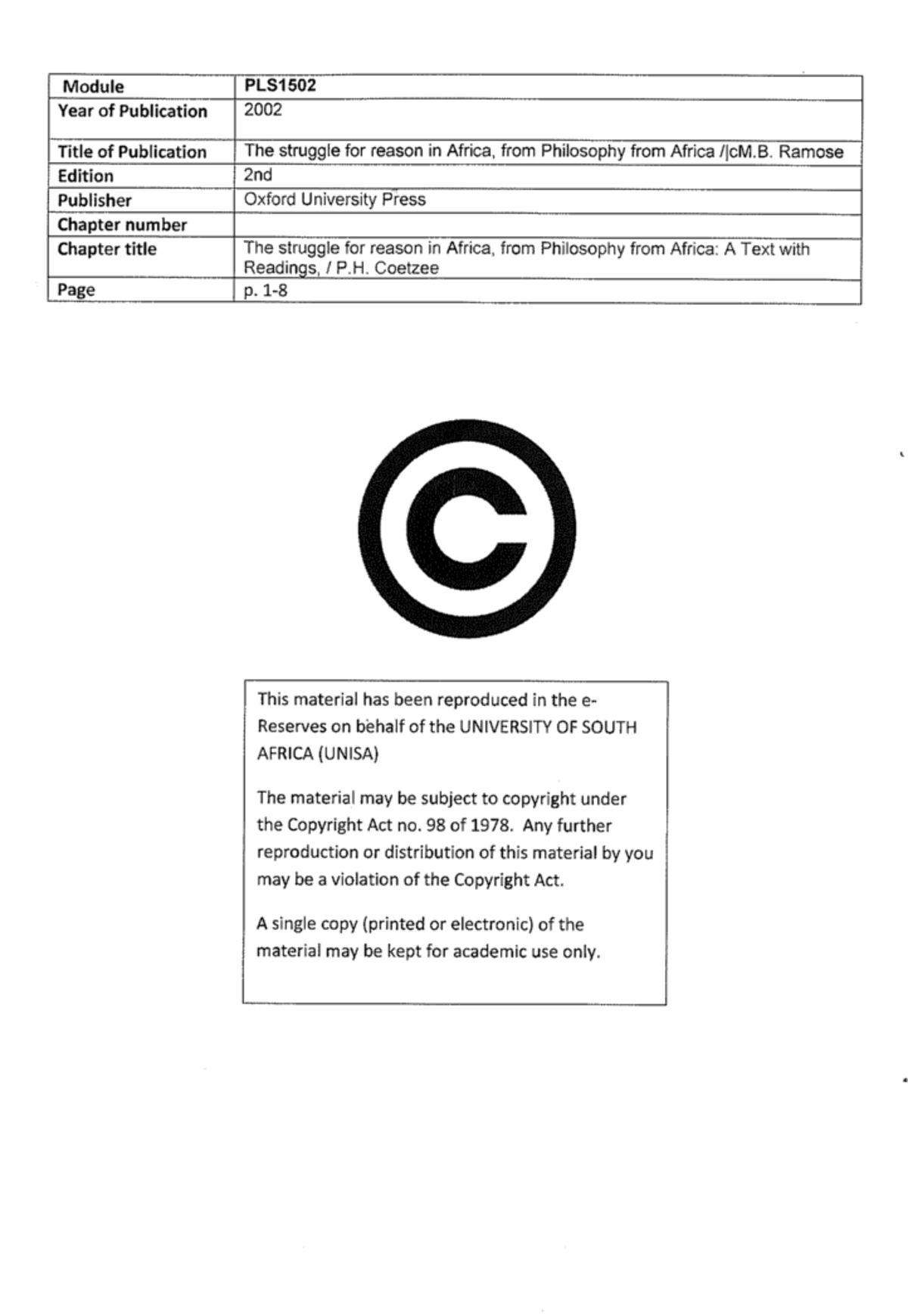 Ramose - Module PLS Year of Publication 2002 Title of Publication The ...