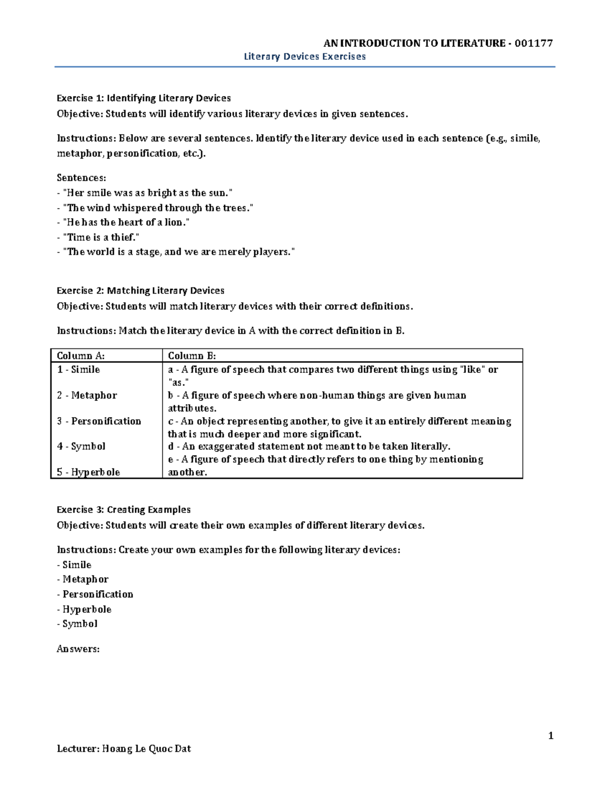 01 - Literary Devices Exercises - 1 Literary Devices Exercises Exercise 1: Identifying Literary ...