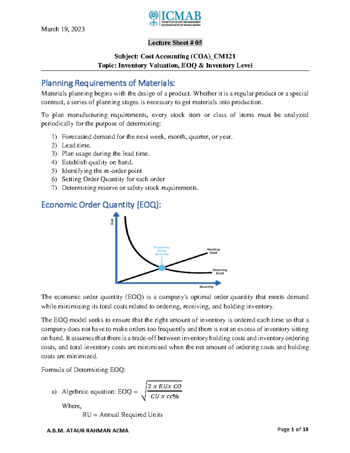 Coa Lecture Sheet March 19 2023 Lecture Sheet 05 Subject Cost Accounting Coa Cm Topic