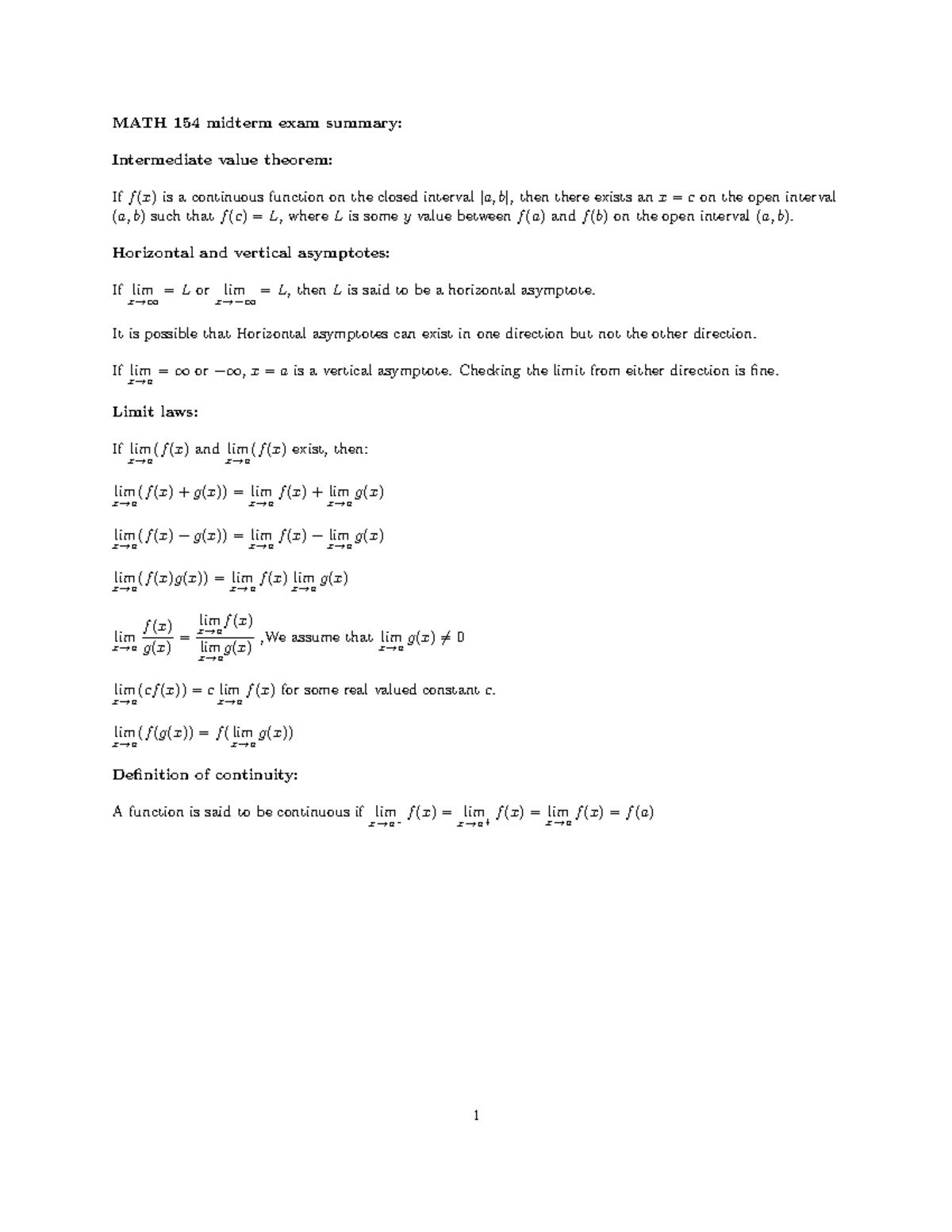 MATH 154 summary - notes - MATH 154 midterm exam summary: Intermediate ...