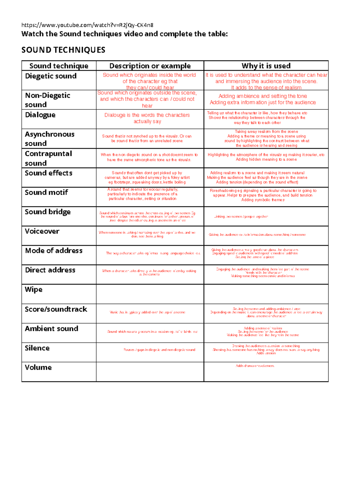 Worksheet- Sound Techniques - ADV4323 - youtube/watch?v=R2jQy-CK4n ...