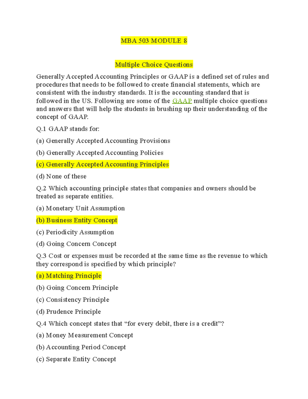 Multiple Choice MBA 503 Module 8 - MBA 503 MODULE 8 Multiple Choice ...