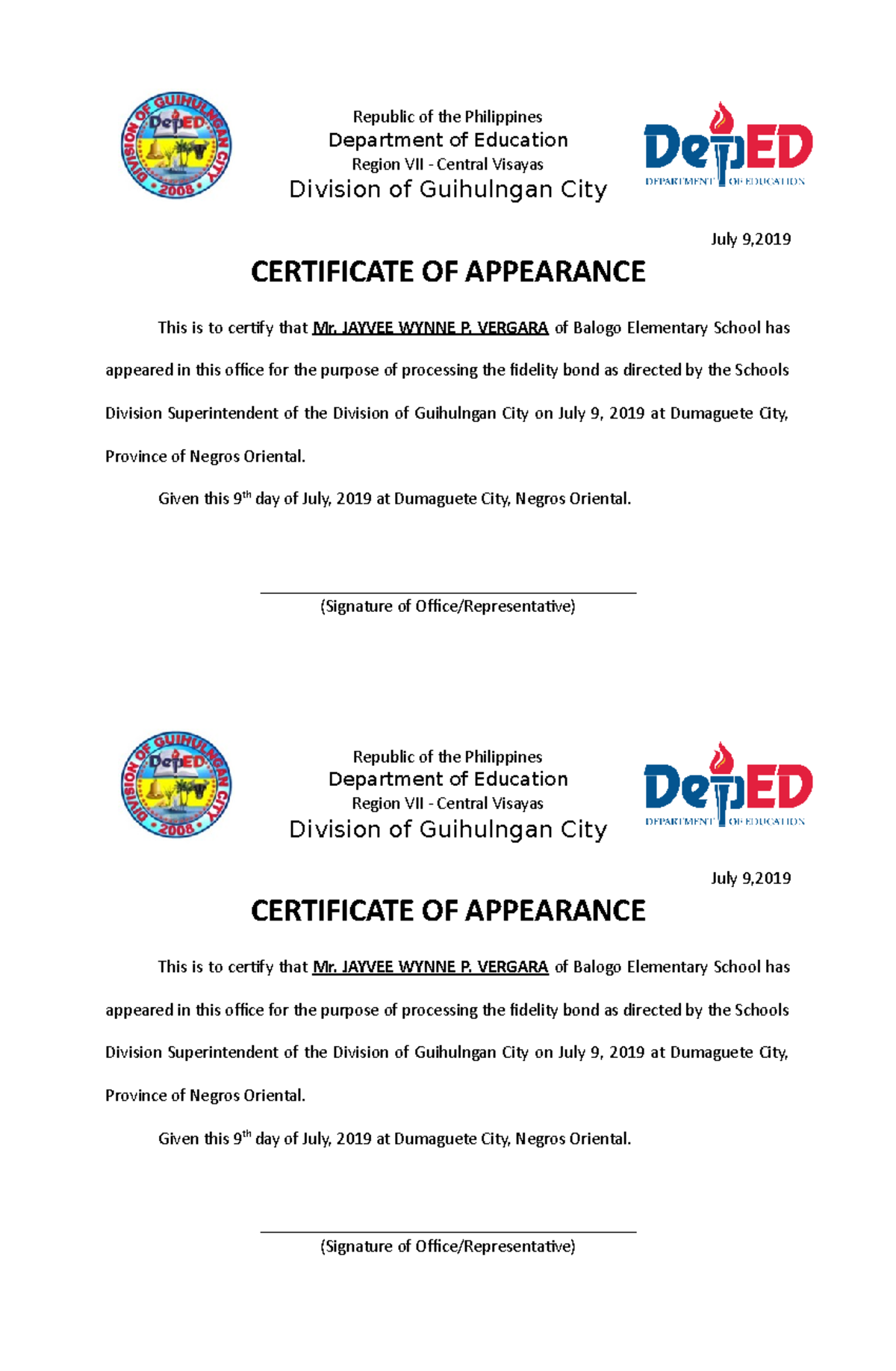 Certificate of appearance - Republic of the Philippines Department of ...