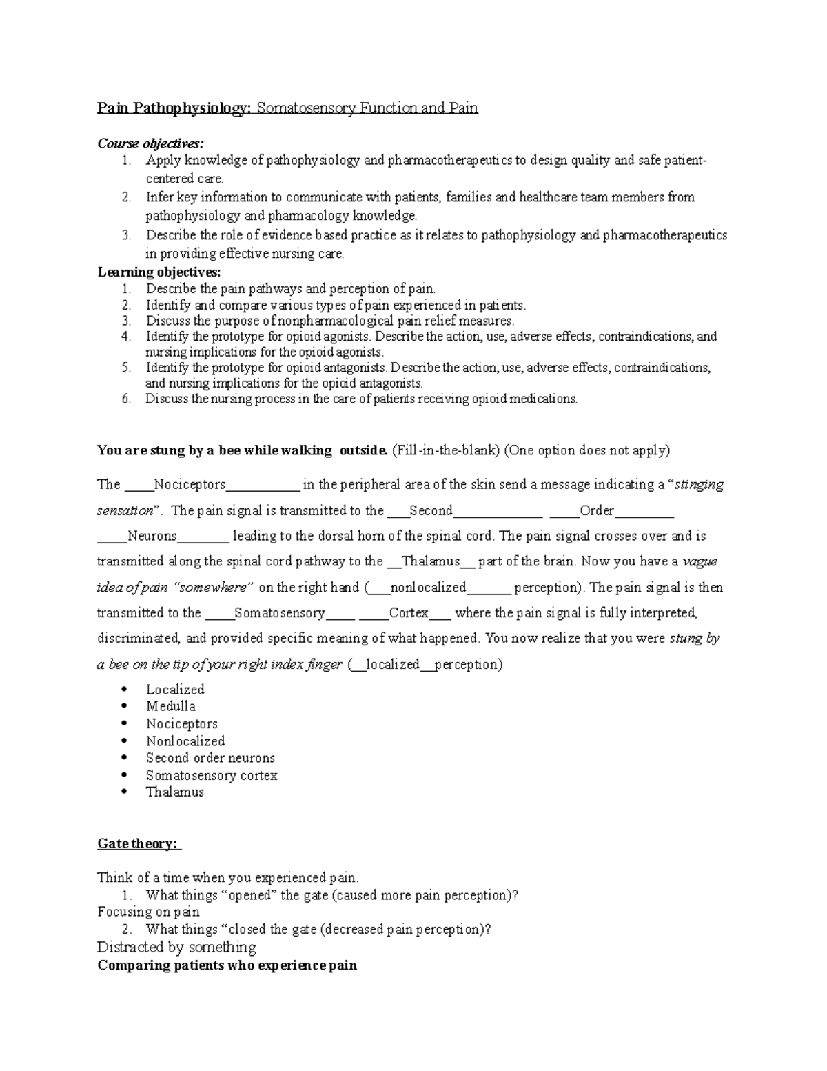 Pain in class worksheet - Pain Pathophysiology: Somatosensory Function ...