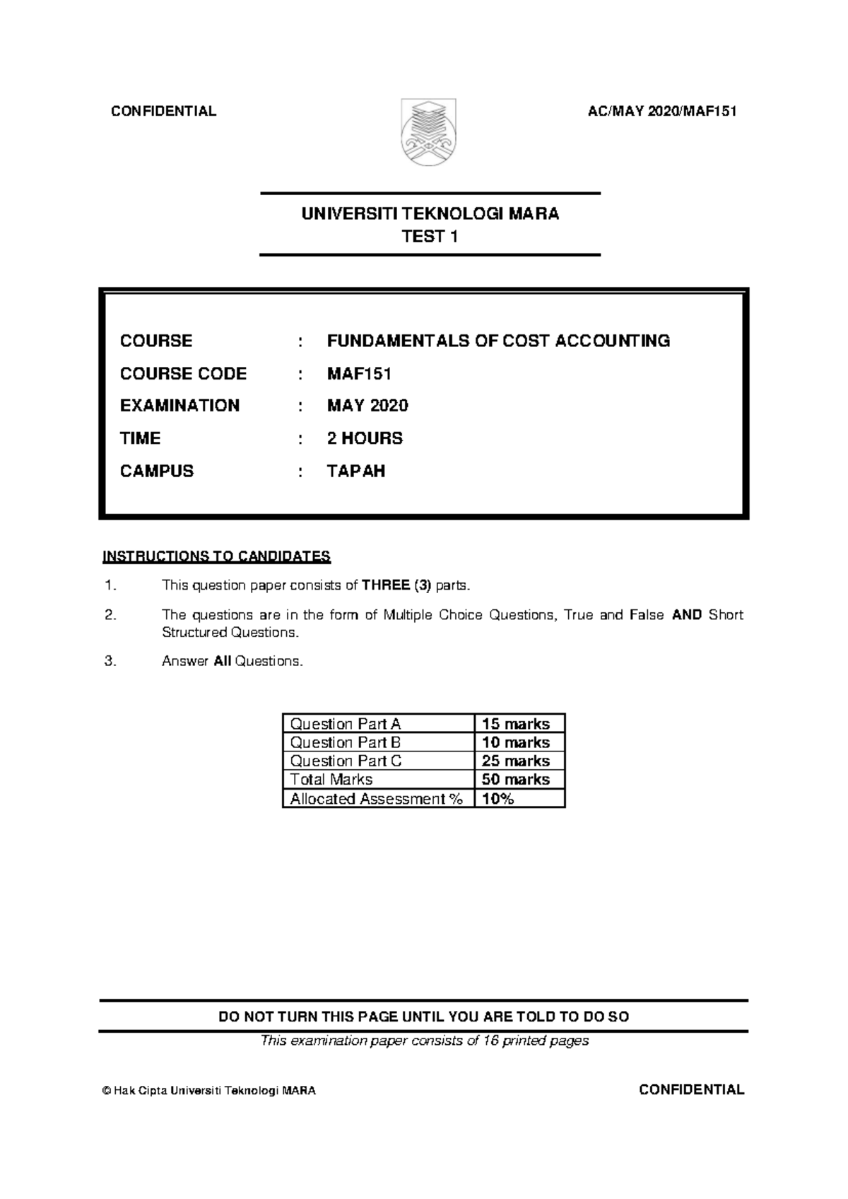 CT MAF151 Q MAY 2020 - COURSE : FUNDAMENTALS OF COST ACCOUNTING COURSE ...