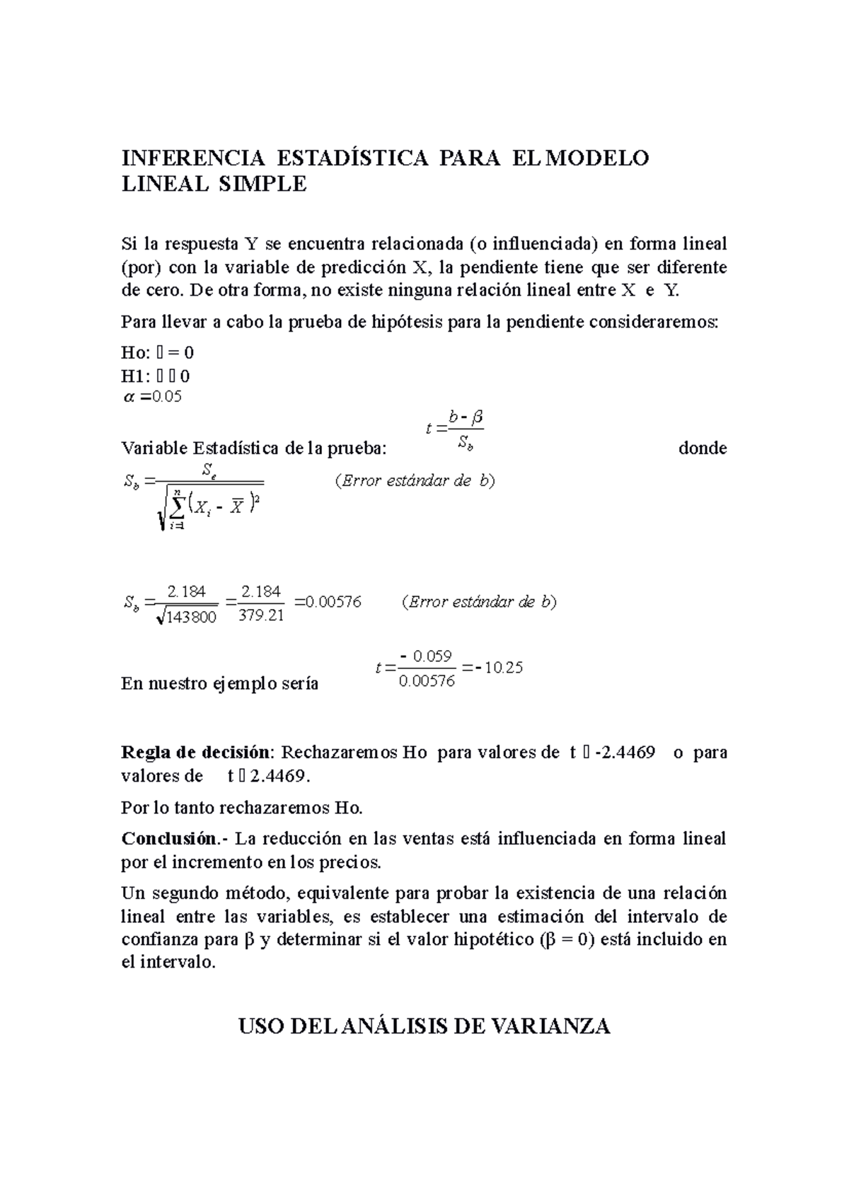 Evaluación DEL Modelo DE Regresión Lineal Simple - INFERENCIA ...