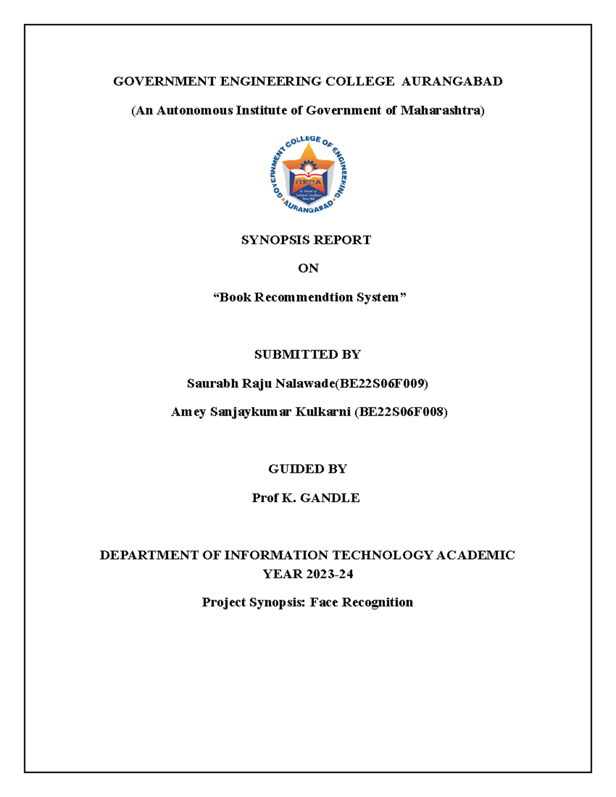 SE Final Project Synopsis - GOVERNMENT ENGINEERING COLLEGE AURANGABAD ...