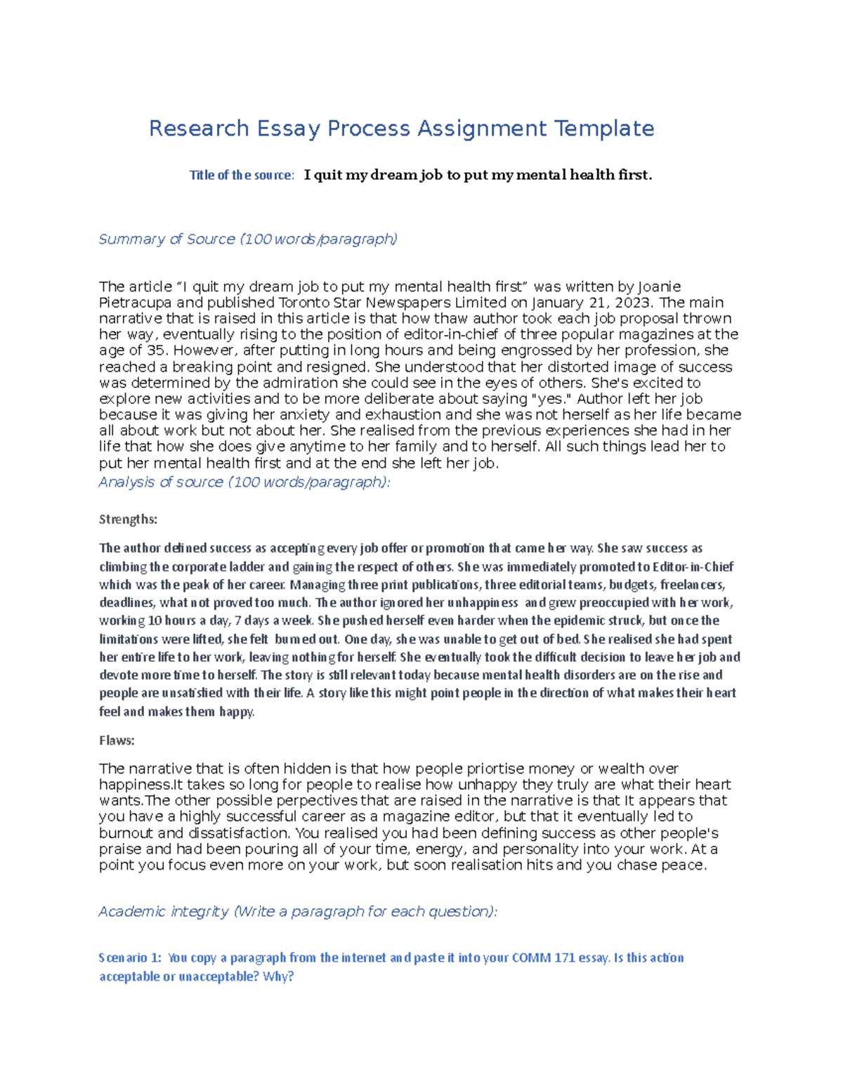 Research Essay Process Assignment - Summary of Source (100 words ...