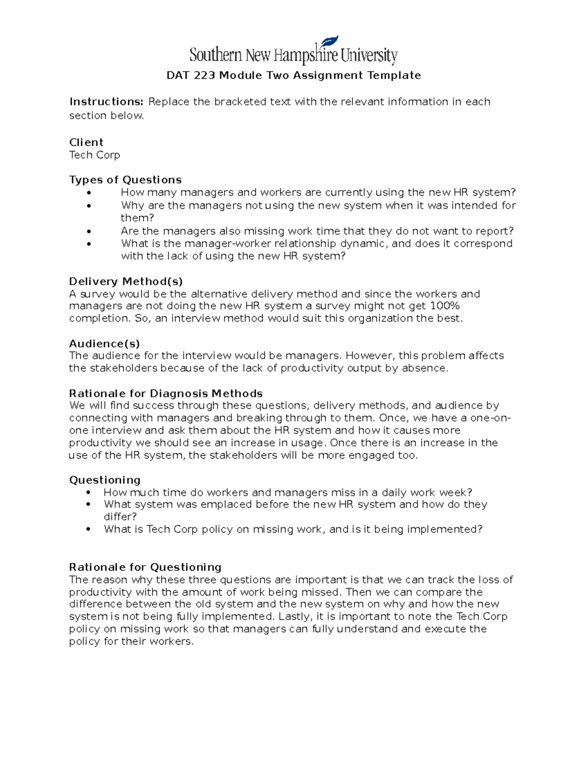 Dat 223 Module Two Assignment Client Tech Corp Types Of Questions How Many Managers And