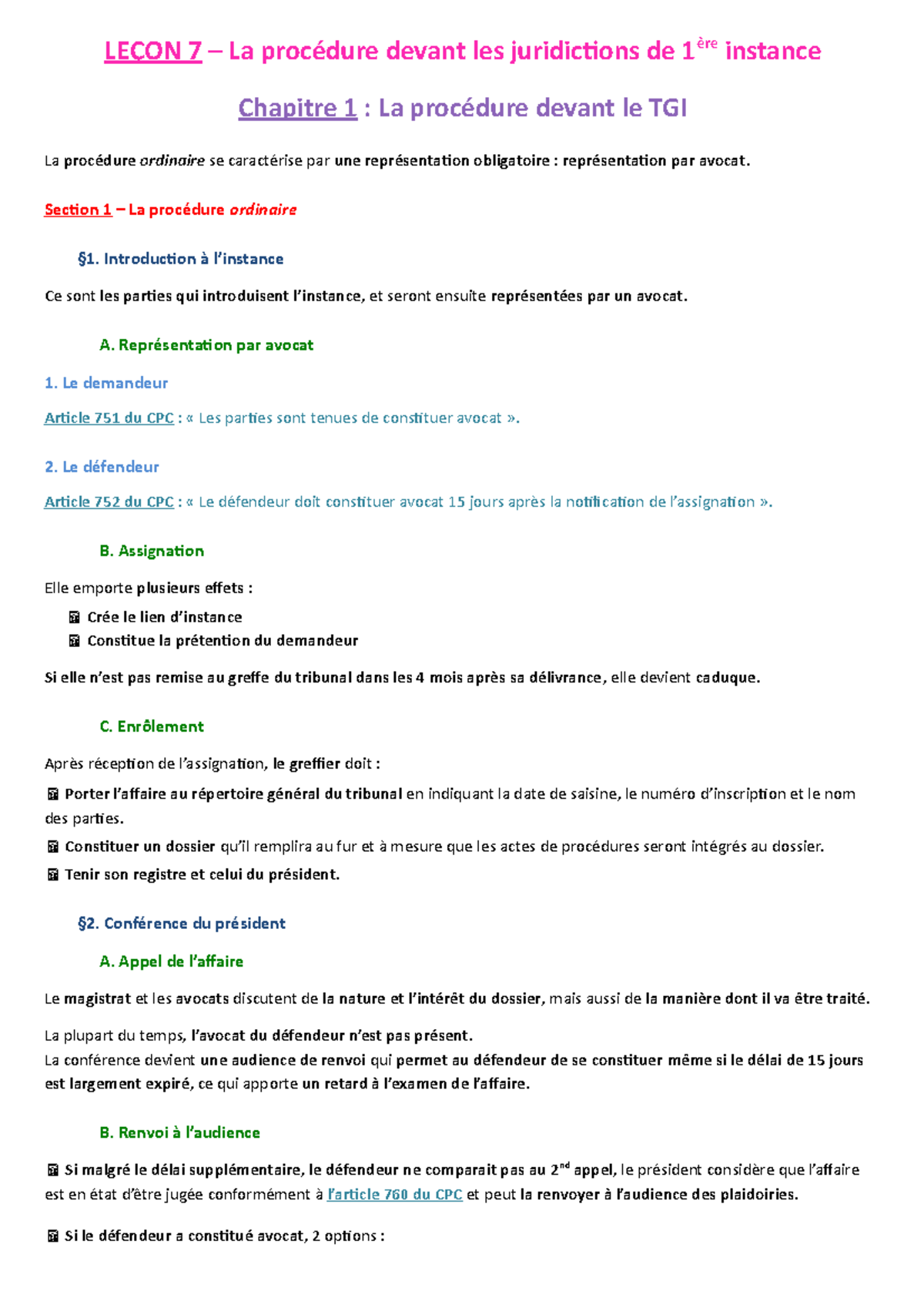 Leçon 7 - Notes de cours La procédure devant le TGI - LEÇON 7 – La ...